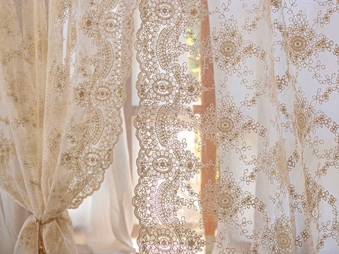 Cream Lace Curtain, Double Layered Lace Curtain for Cafe, Living Room ...