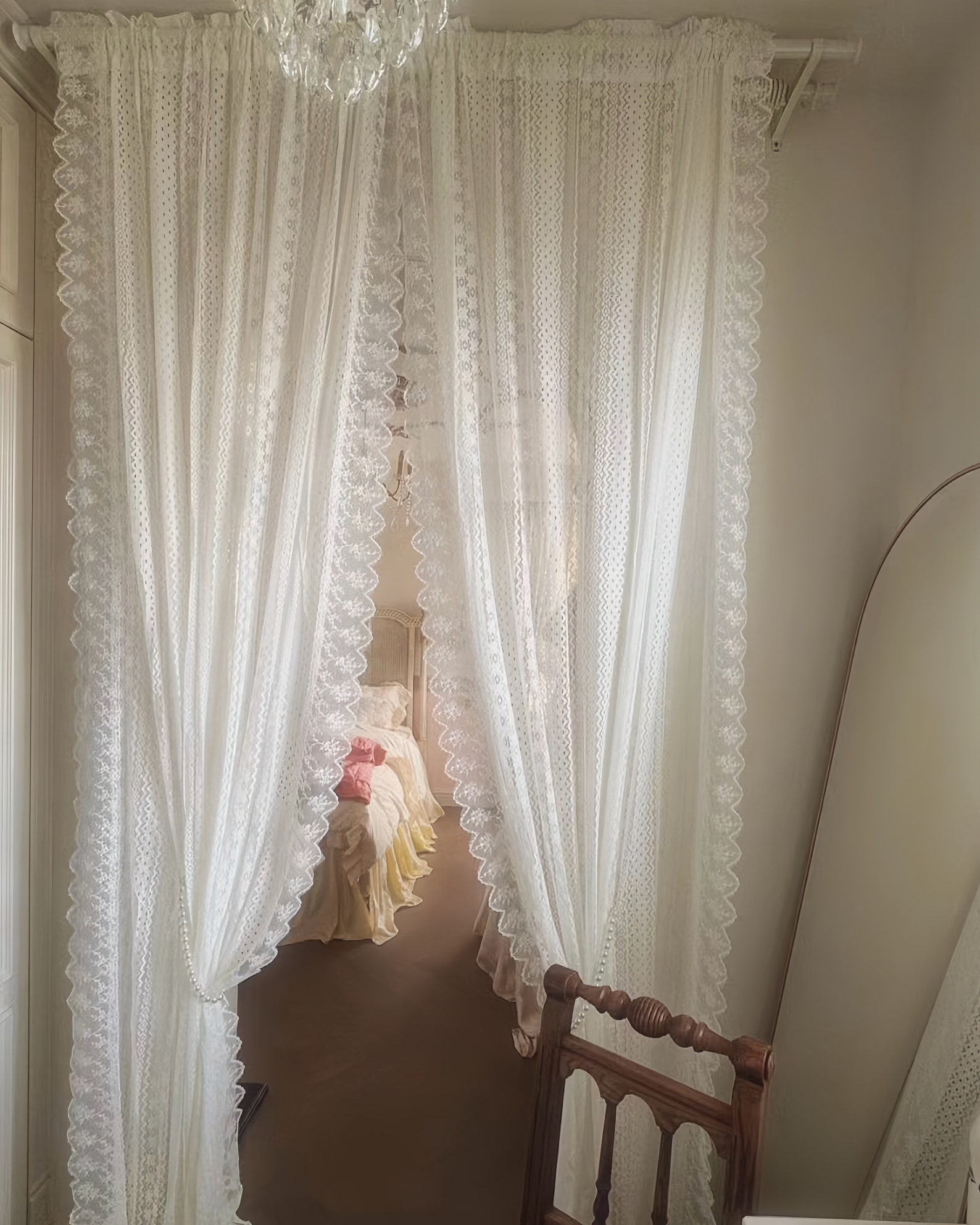 White Lace Curtain, Ruffle French Style Lace Window Decor Curtain One ...