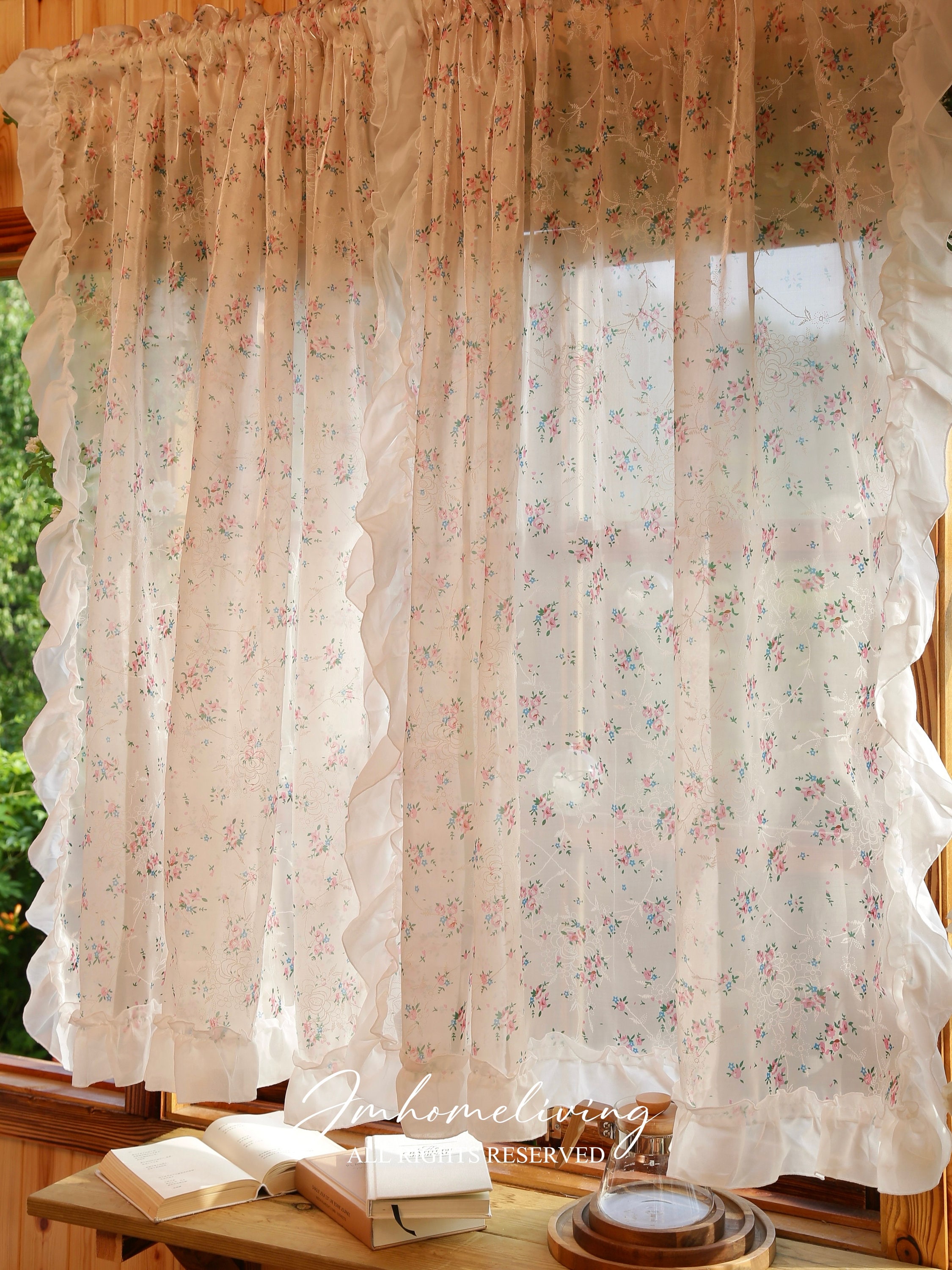 Floral Sheer Curtain, Ruffle Window Coquette Decor Curtain, Floral Cafe ...