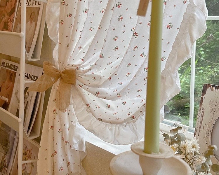 Ruffle Floral Printed Cotton Curtain, One Panel Ruffle Flower Coquette ...