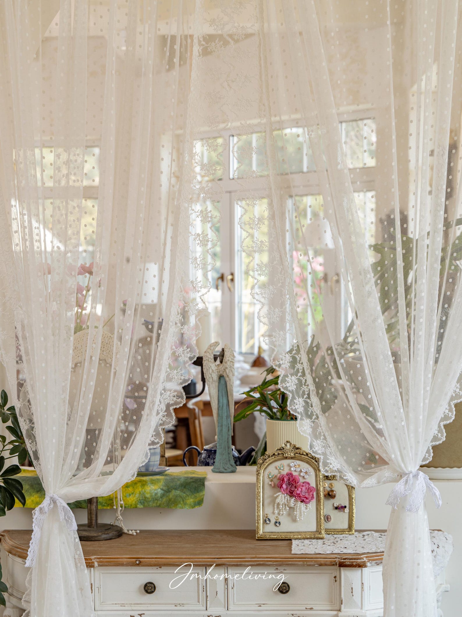 White Lace Curtain, Ruffle French Style Lace Window Decor Curtain One ...