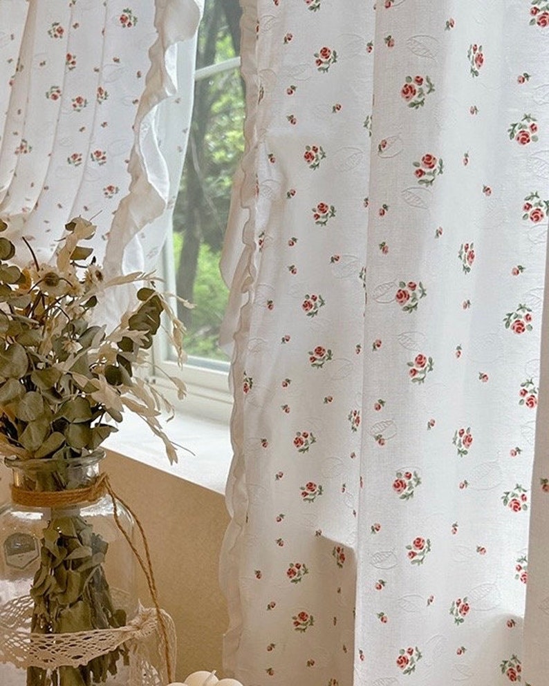 Ruffle Floral Printed Cotton Curtain, One Panel Ruffle Flower Coquette ...