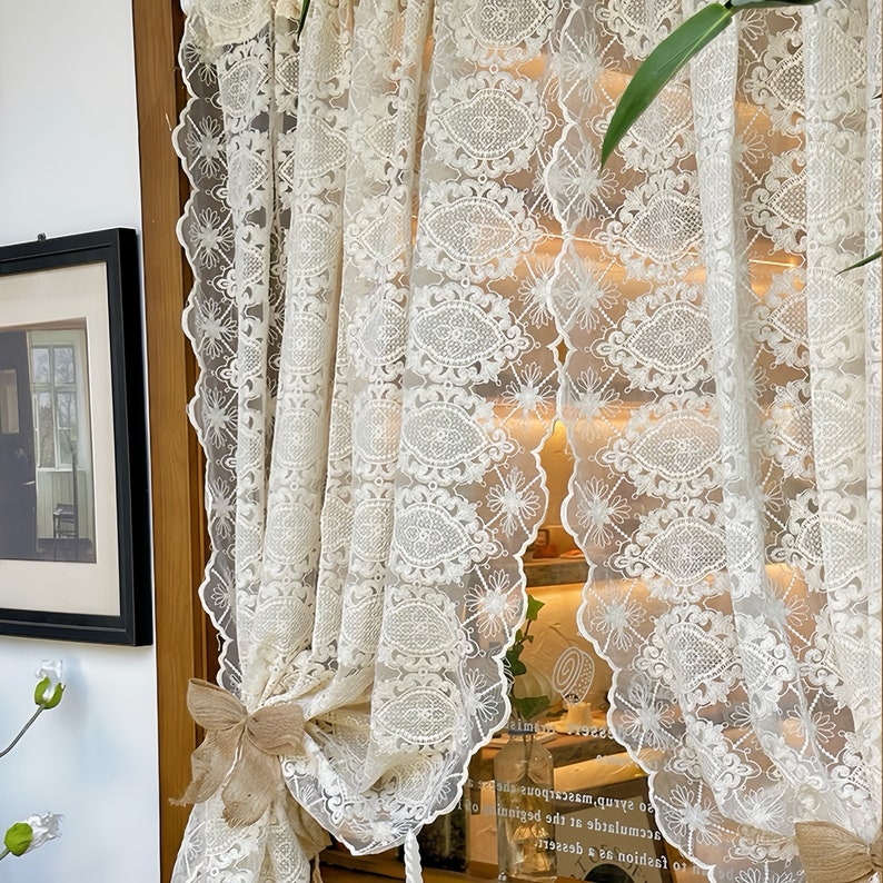 Lace Embroidered Sheer Curtain, Cream French Country Style One Panel ...