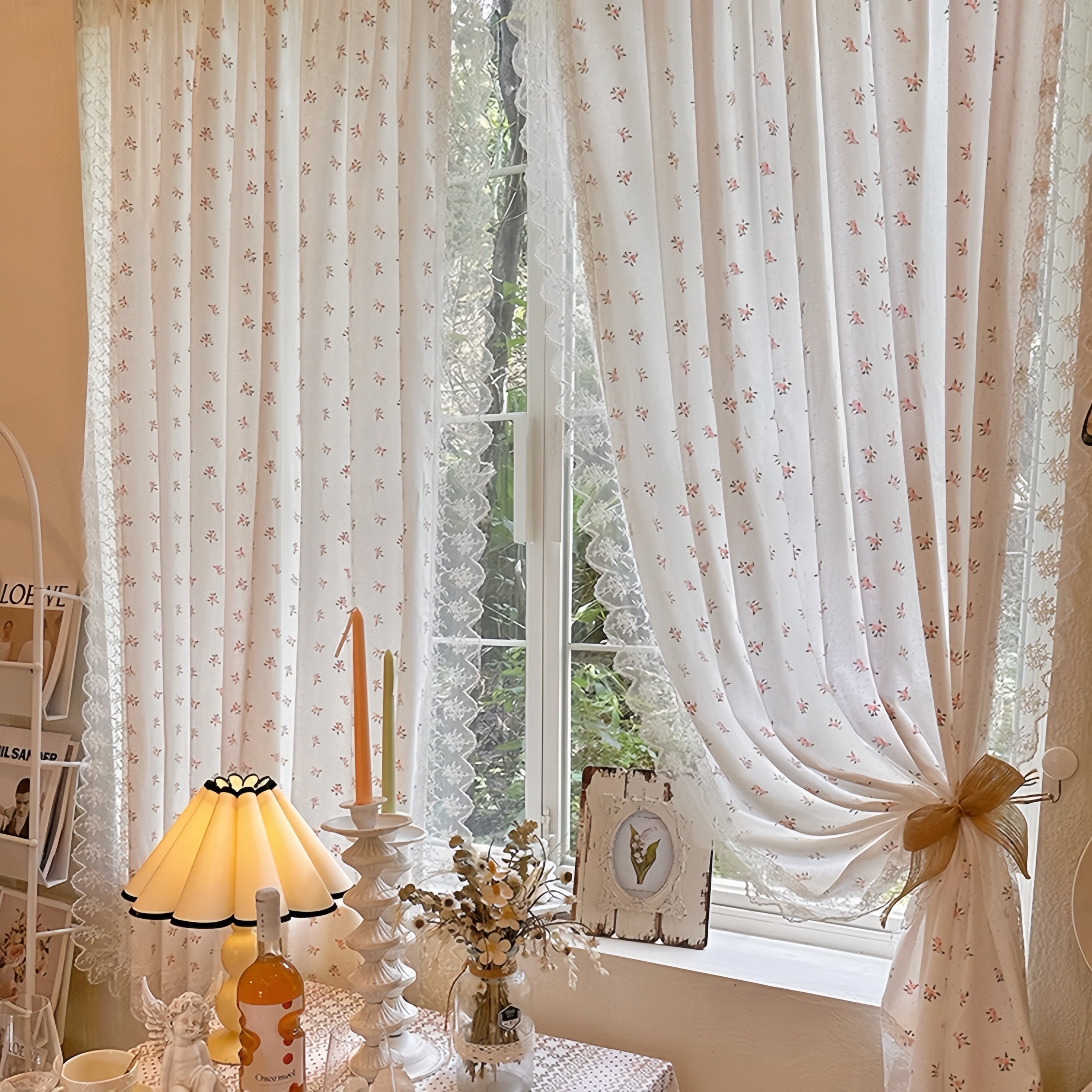 Floral Printed Lace Cotton Curtain, Coquette Ruffle Lace Flower Window ...