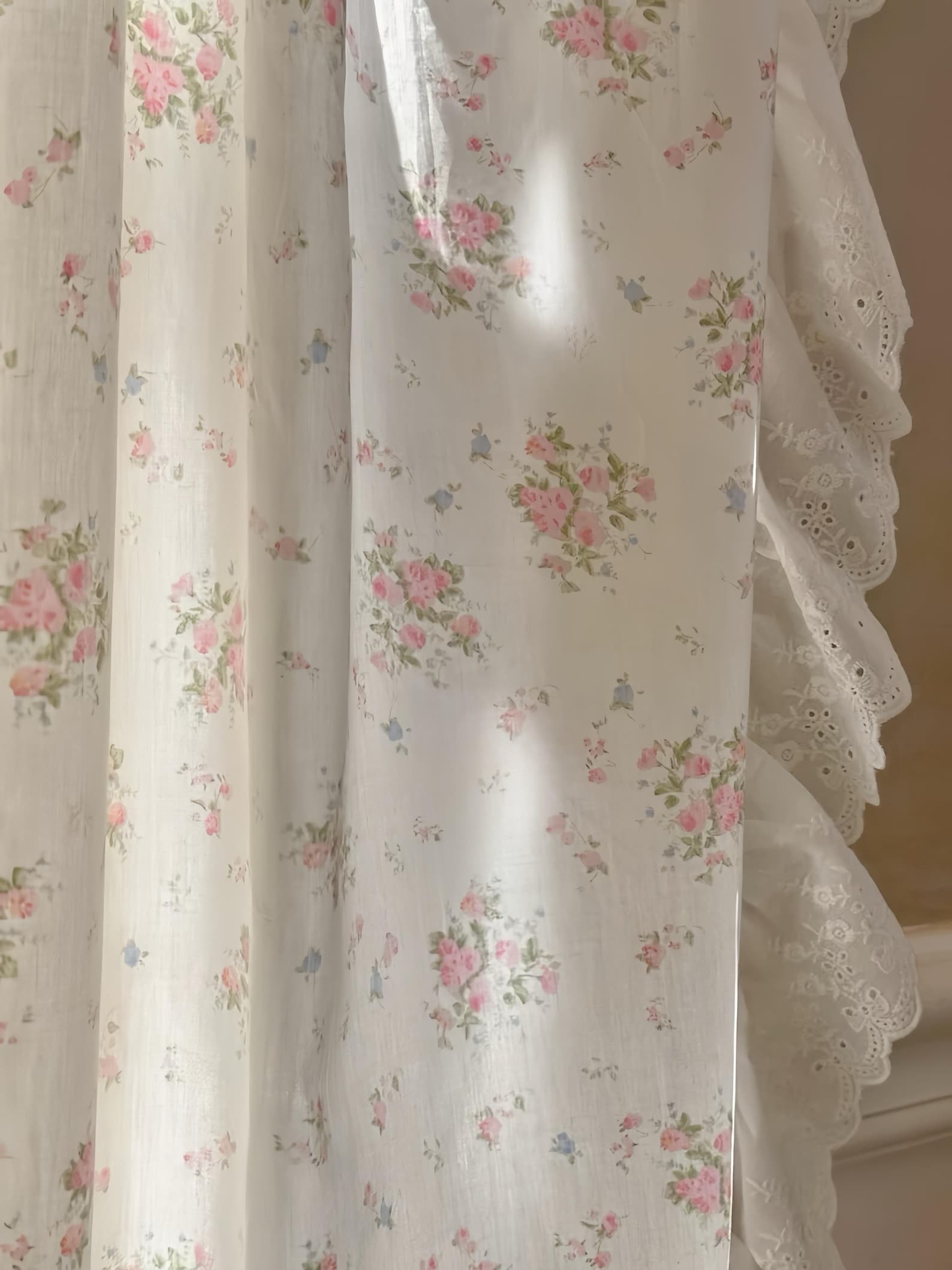 Floral Printed Ivory Coquette Ruffle Lace Rod Pocket Curtain, Ivory ...