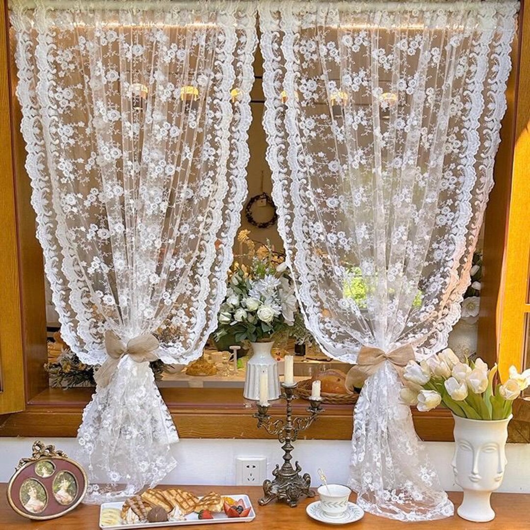 White Lace Flower Embroidered Sheer Curtain, One Panel Window Decor ...