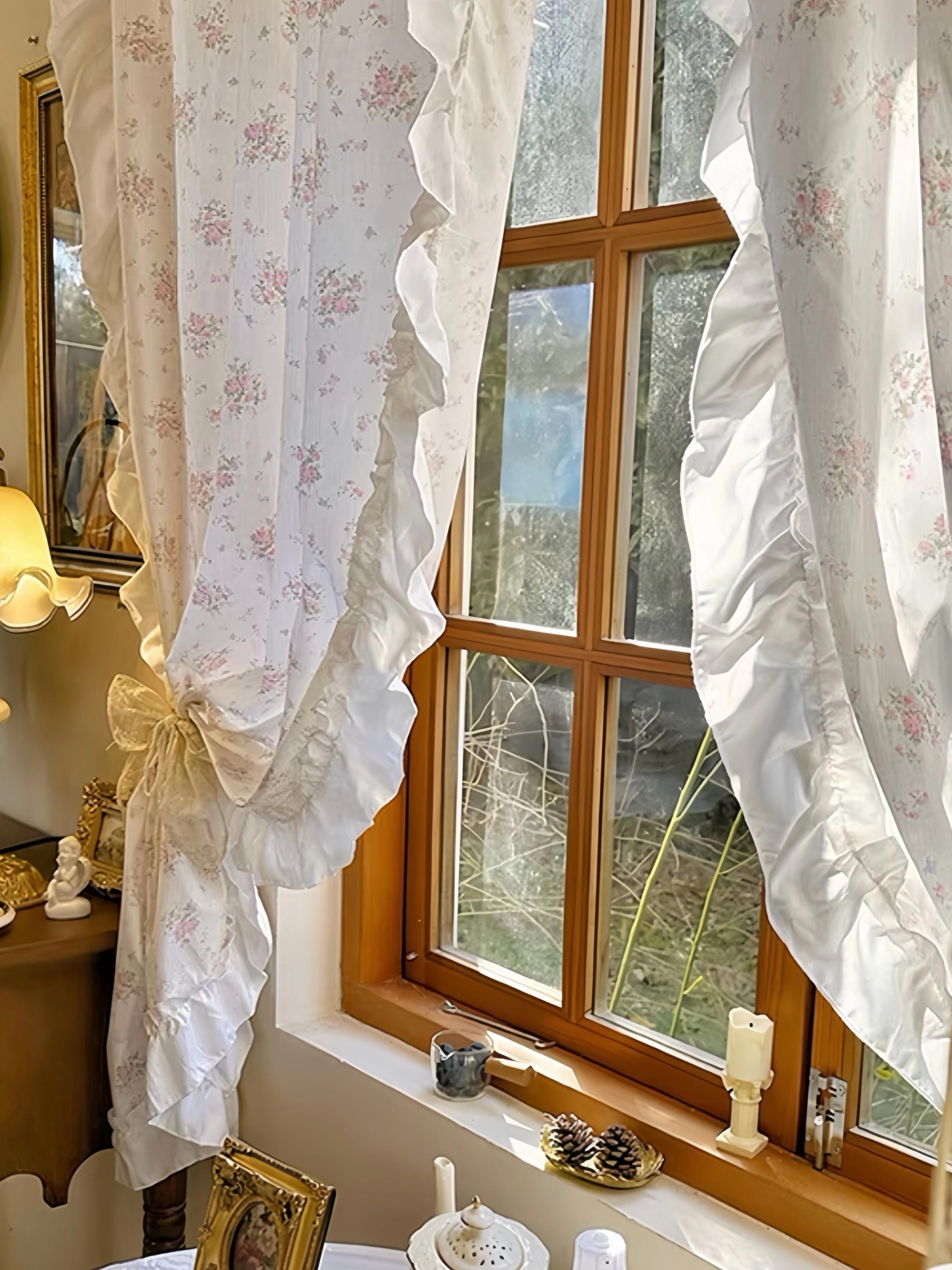 Floral Printed Ivory Coquette Ruffle Lace Rod Pocket Curtain, Ivory ...