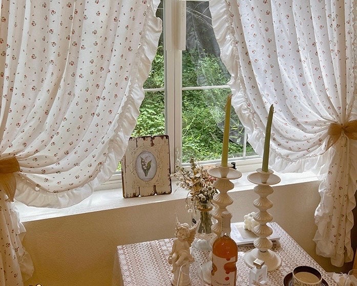 Ruffle Floral Printed Cotton Curtain, One Panel Ruffle Flower Coquette ...
