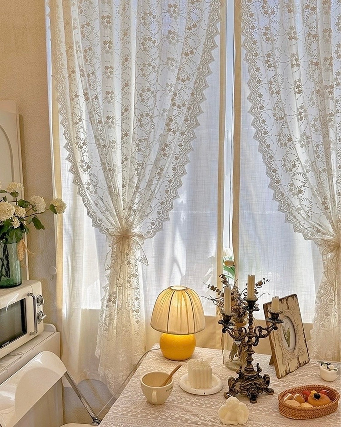 Double-layered Lace Cotton Curtain, Ruffle One Panel Curtain for Living ...