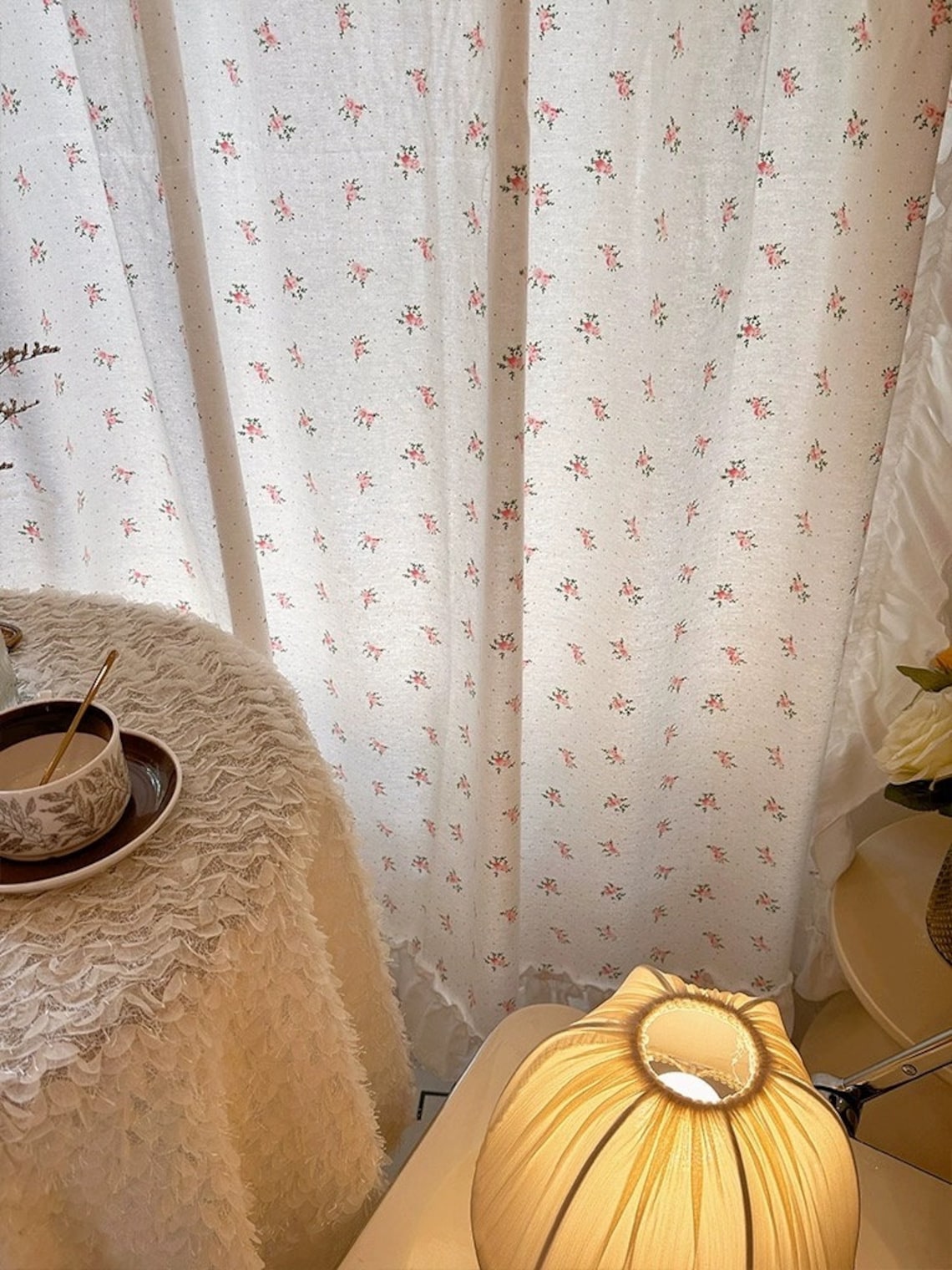 Pink and White Floral Printed Cotton Curtain, Ruffle Princess Coquette ...
