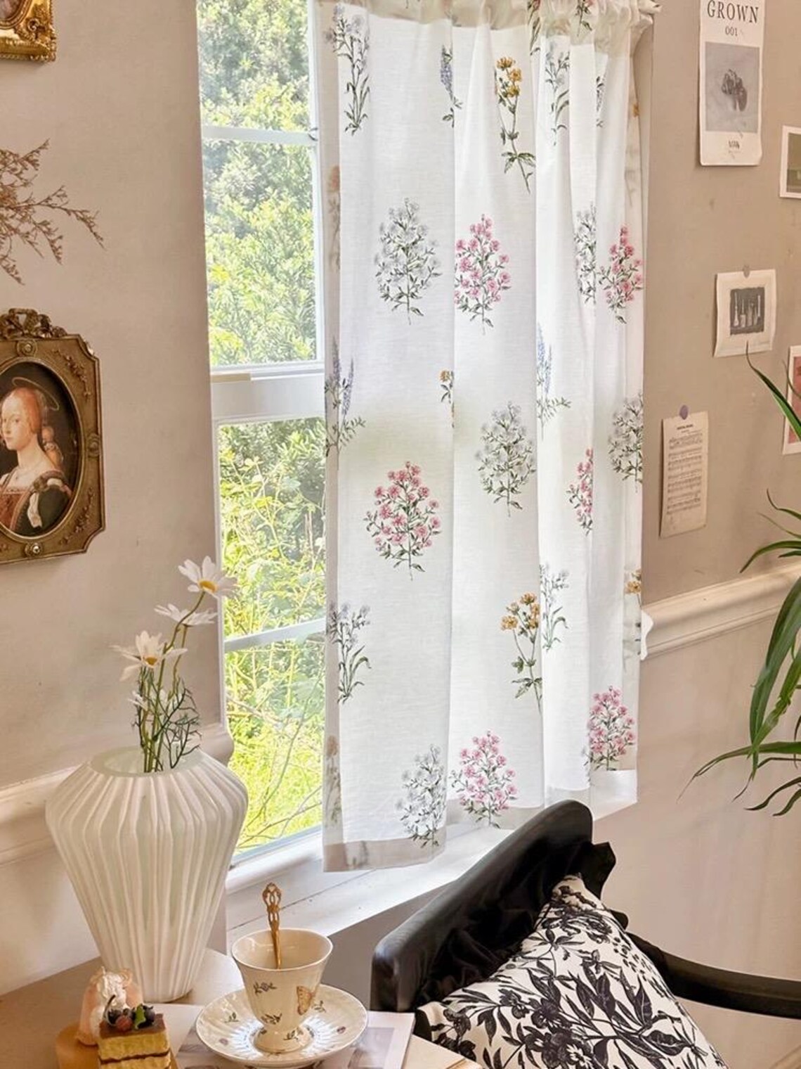 Floral Printed Cottagecore Ruffle Lace Rod Pocket Curtain, Flower ...