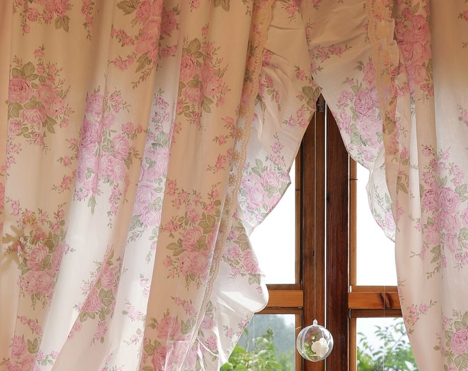 Pink and White Floral Printed Cotton Curtain, Ruffle Princess Coquette ...