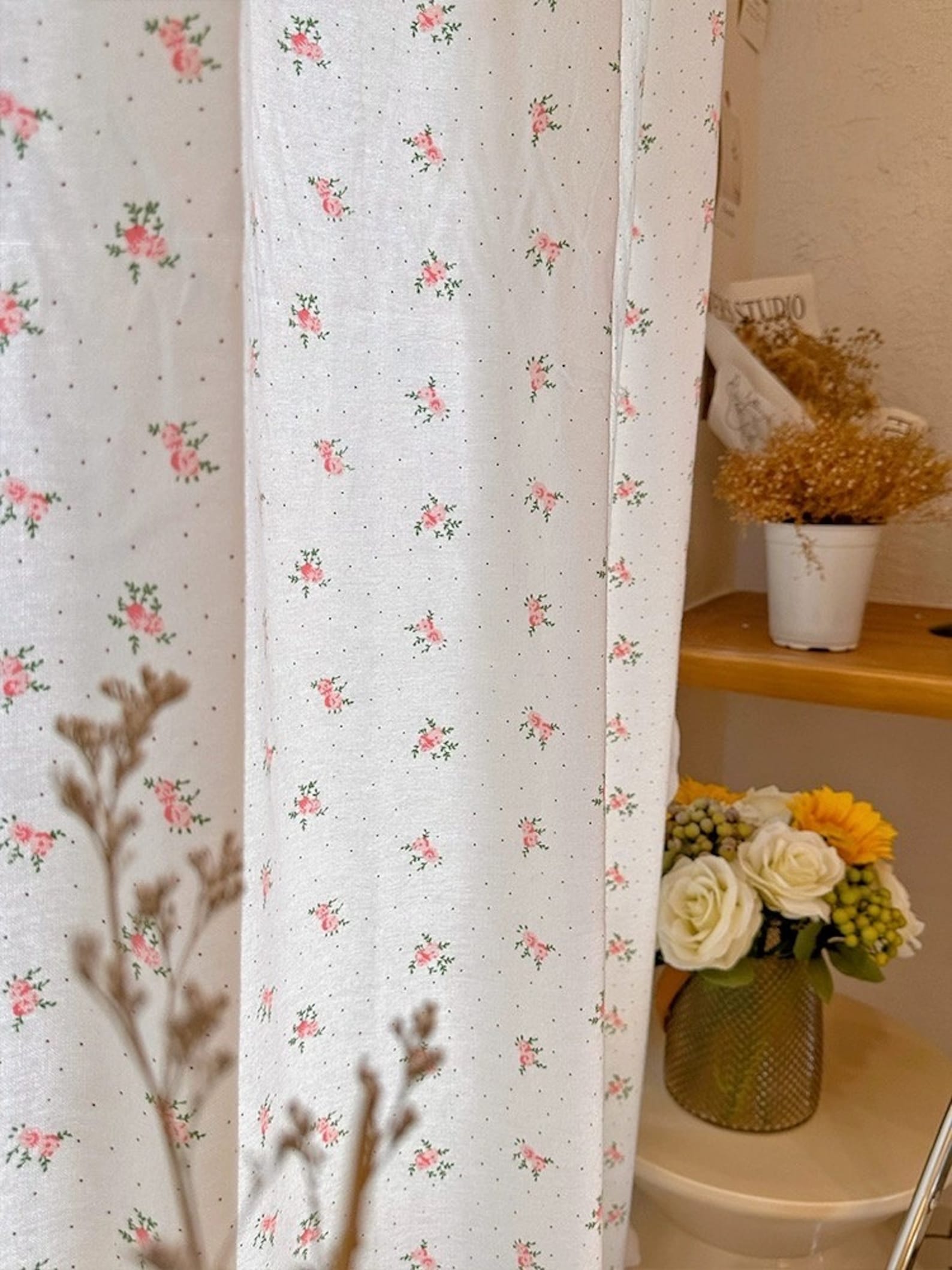 Pink and White Floral Printed Cotton Curtain, Ruffle Princess Coquette ...