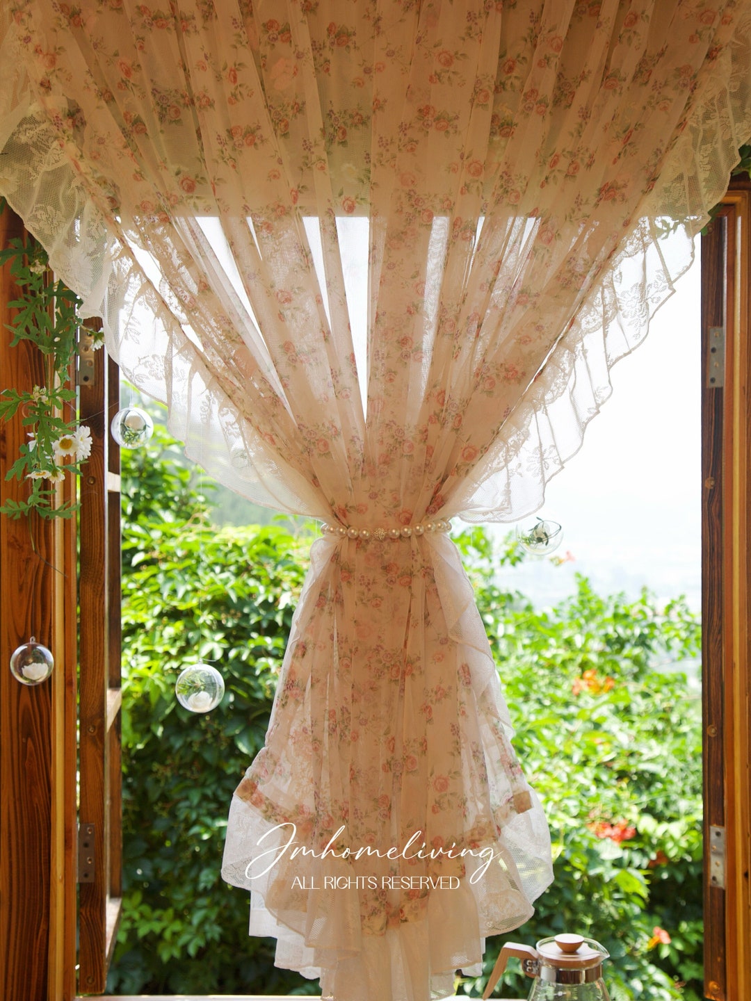Lace Floral Embroidered Cream Rod Pocket Curtain, Farmhouse Shabby Chic ...