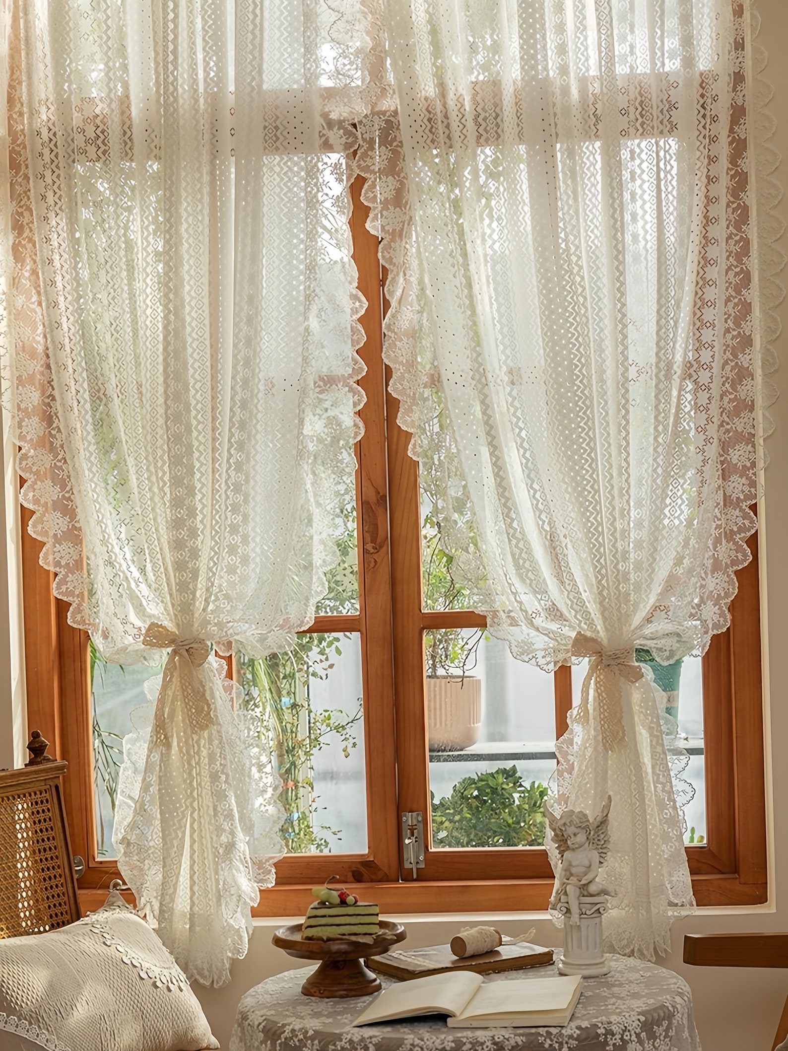 White Lace Curtain, Ruffle French Style Lace Window Decor Curtain One ...