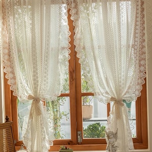White Lace Curtain, Ruffle French Style Lace Window Decor Curtain One ...