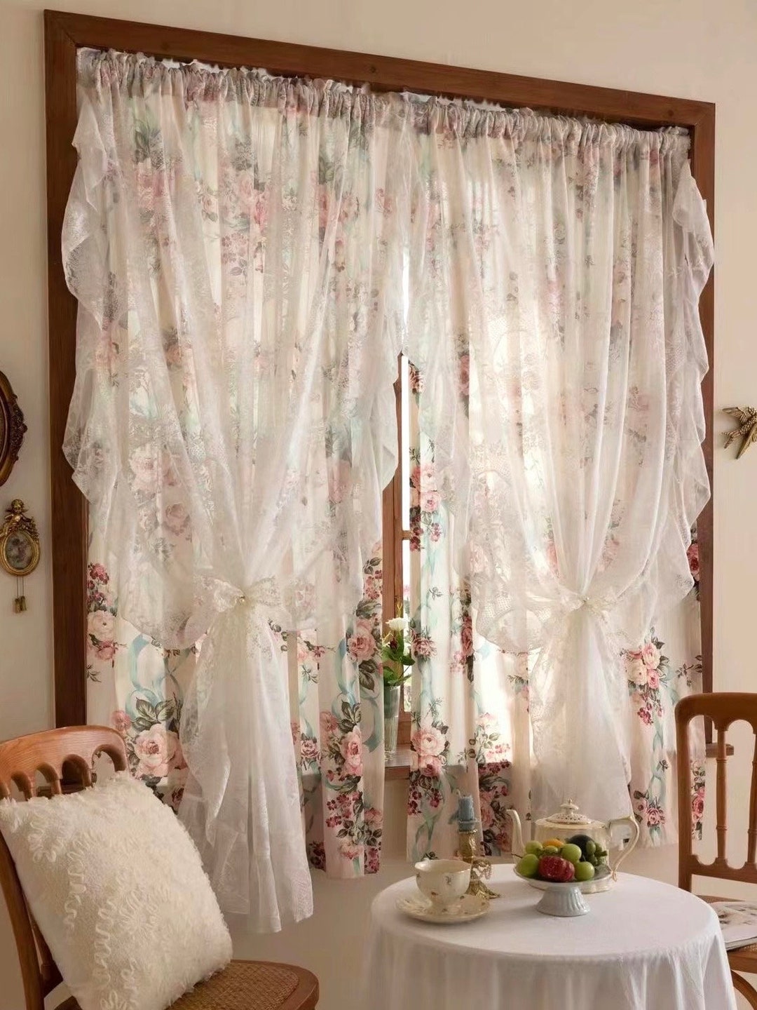 Lace Floral Cotton Curtain, Farmhouse Sabby Chic Curtain, Ruffle Lace ...