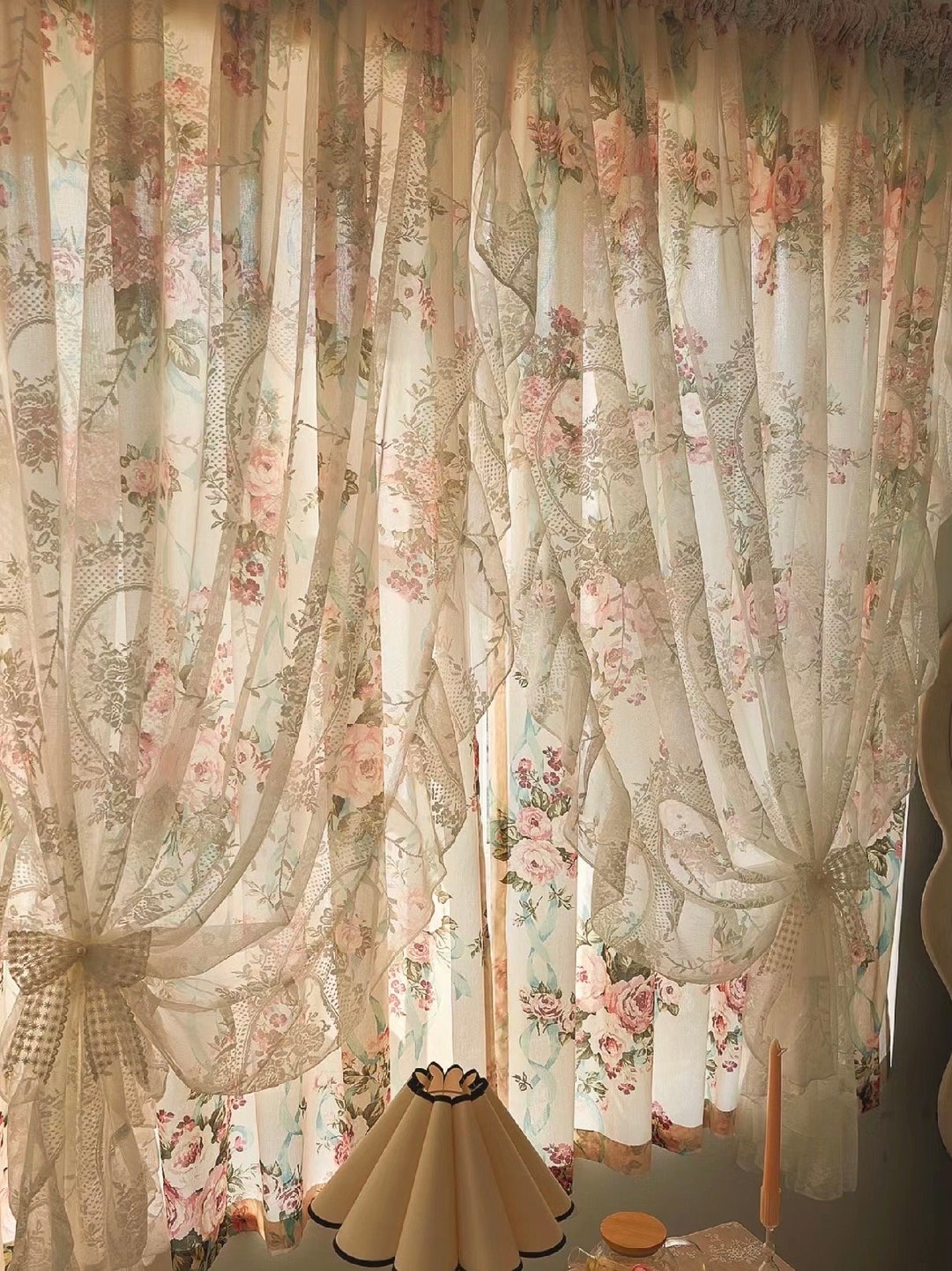 Lace Floral Cotton Curtain, Farmhouse Sabby Chic Curtain, Ruffle Lace ...