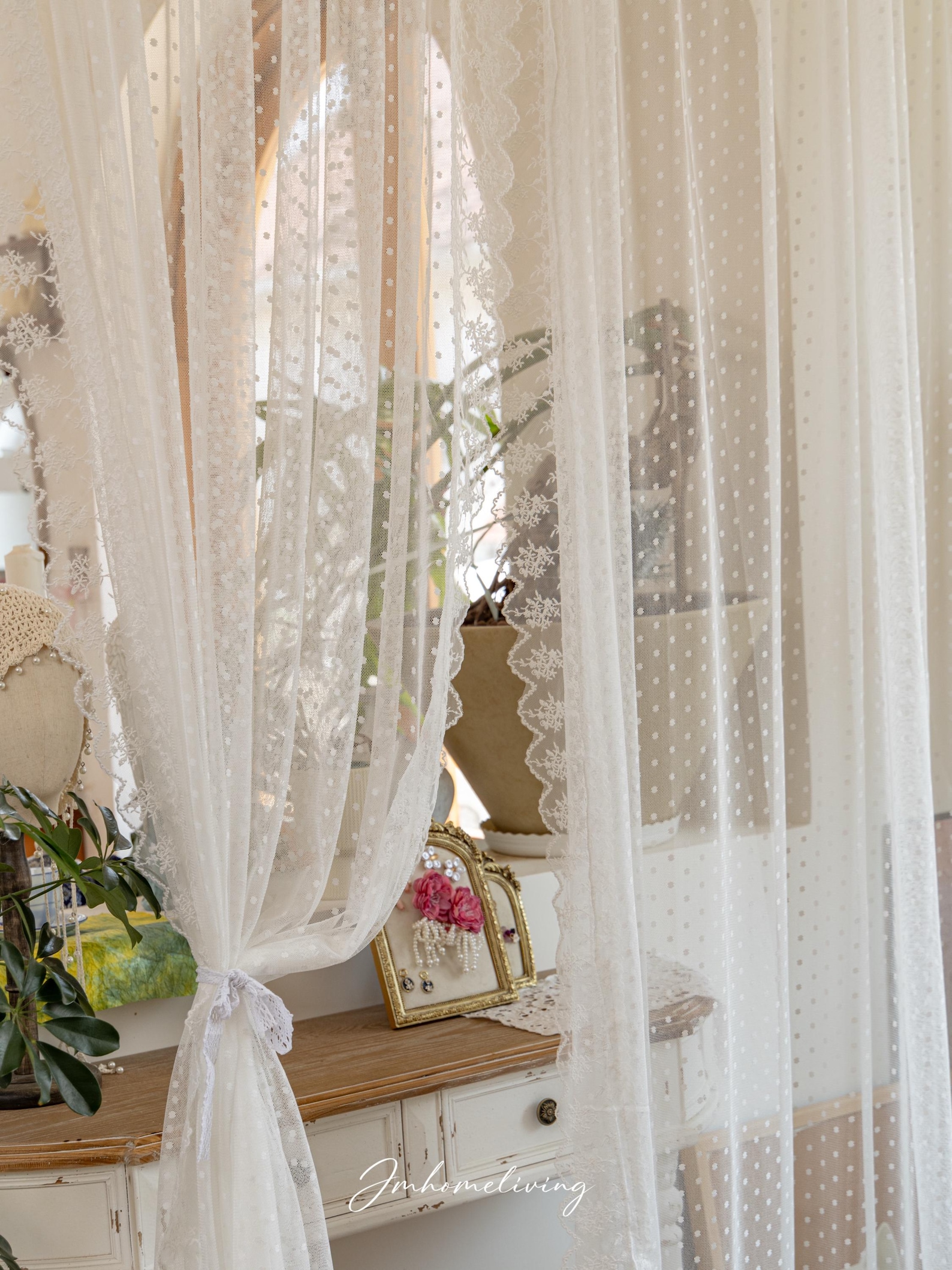 White Lace Curtain, Ruffle French Style Lace Window Decor Curtain One ...