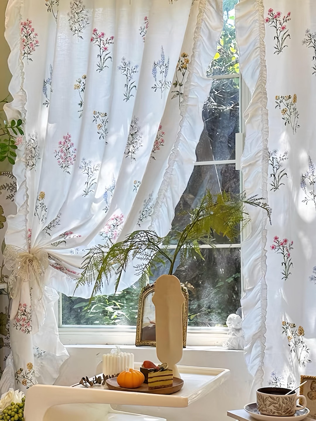 Floral Printed Cottagecore Ruffle Lace Rod Pocket Curtain, Flower ...