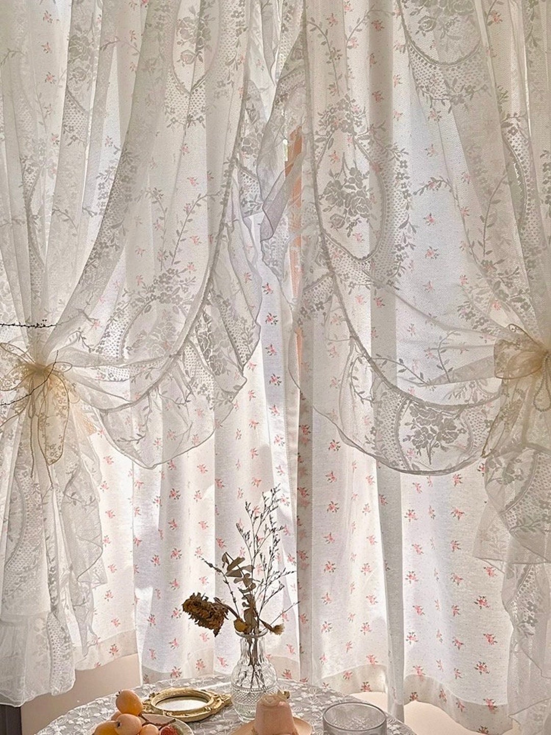 Lace Floral Cotton Curtain, Farmhouse Country Style Coquette Curtain ...