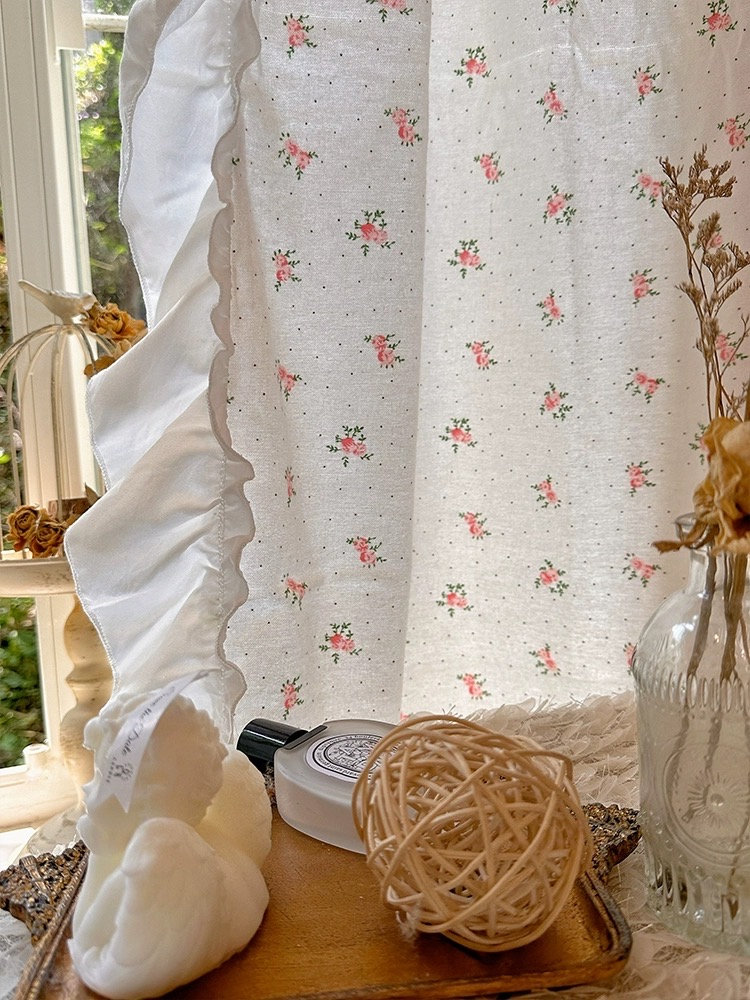 Pink and White Floral Printed Cotton Curtain, Ruffle Princess Coquette ...