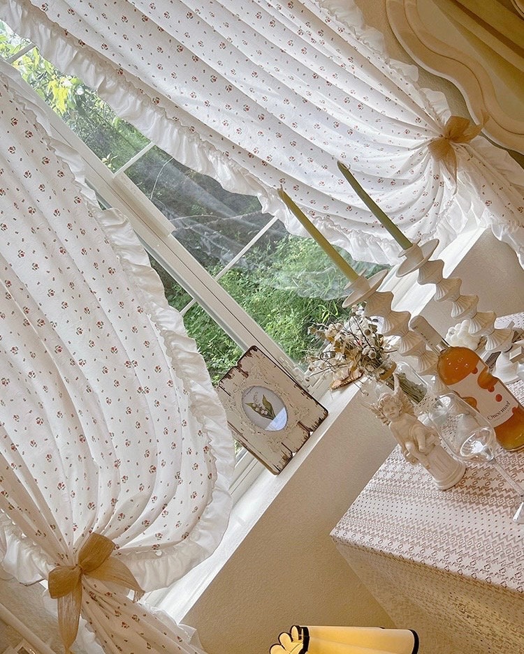 Ruffle Floral Printed Cotton Curtain, One Panel Ruffle Flower Coquette ...
