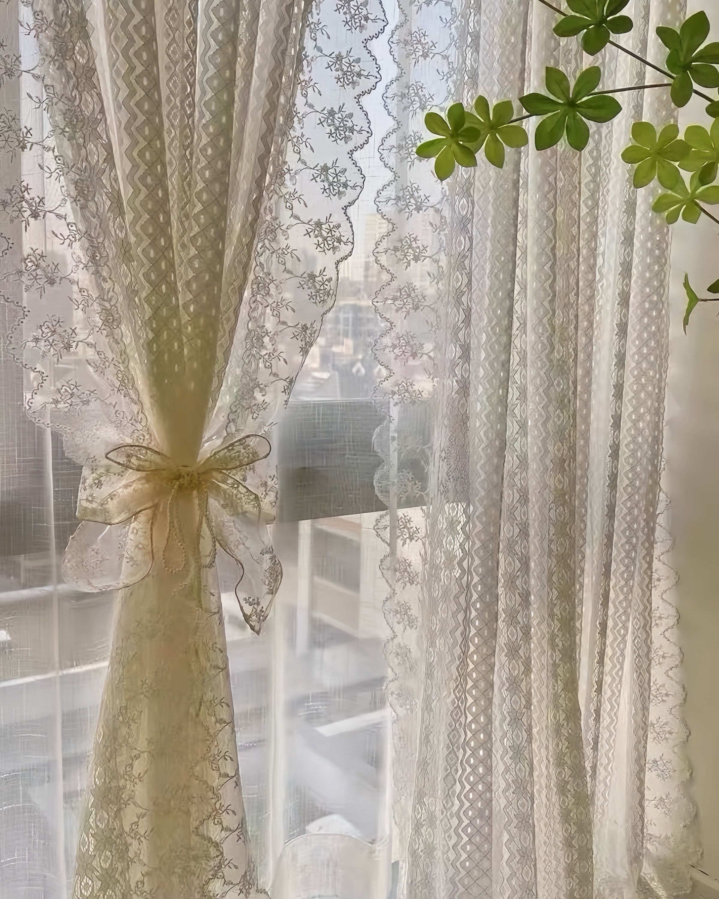 White Lace Curtain, Ruffle French Style Lace Window Decor Curtain One ...
