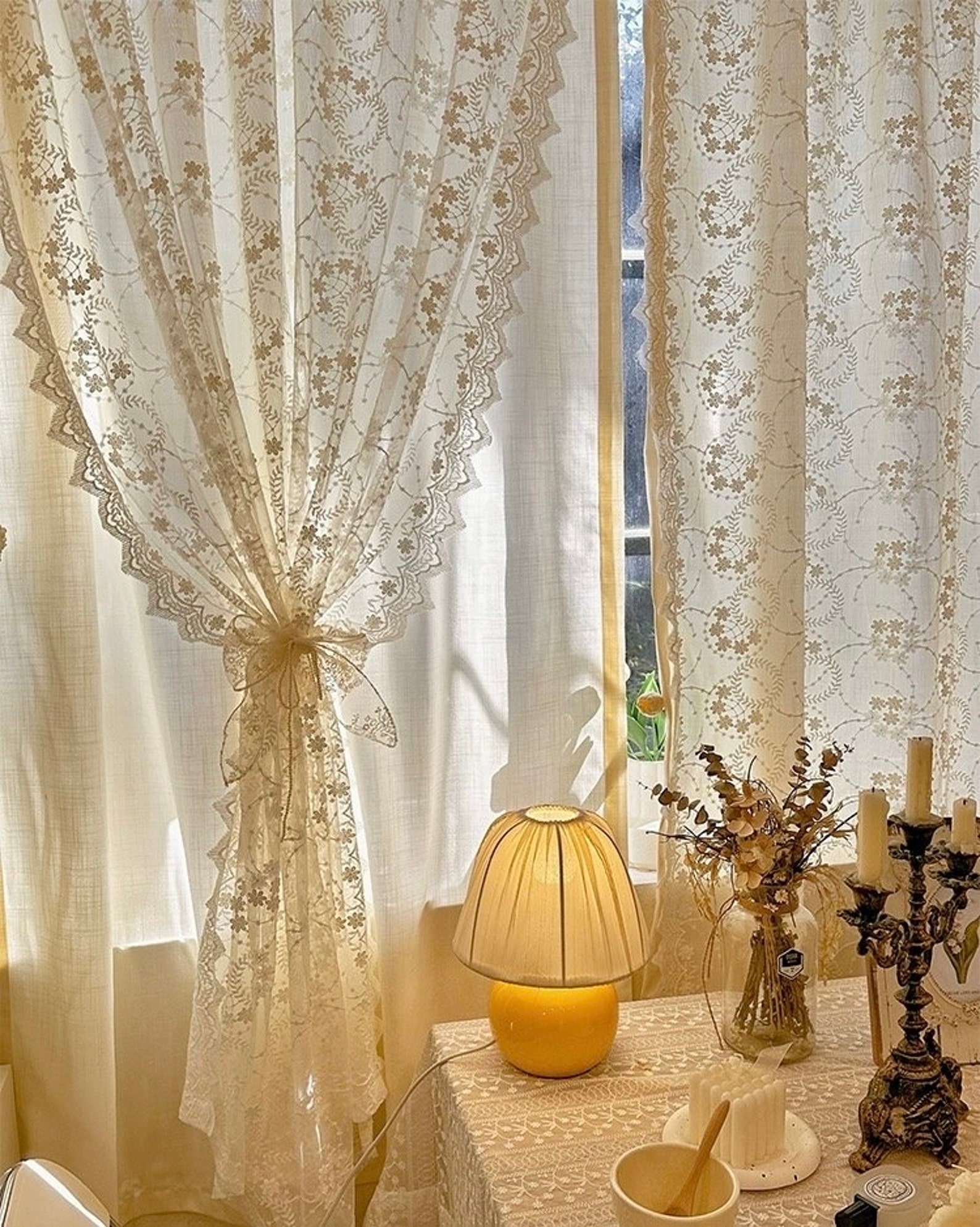 Double-layered Lace Cotton Curtain, Ruffle One Panel Curtain for Living ...