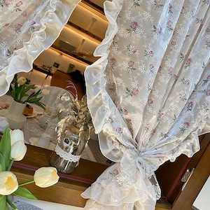 Rose Floral Printed Sheer Curtain, Ruffle Lace Rose Window Decor ...