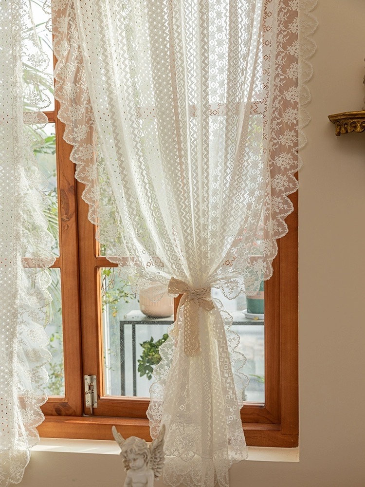White Lace Curtain, Ruffle French Style Lace Window Decor Curtain One ...