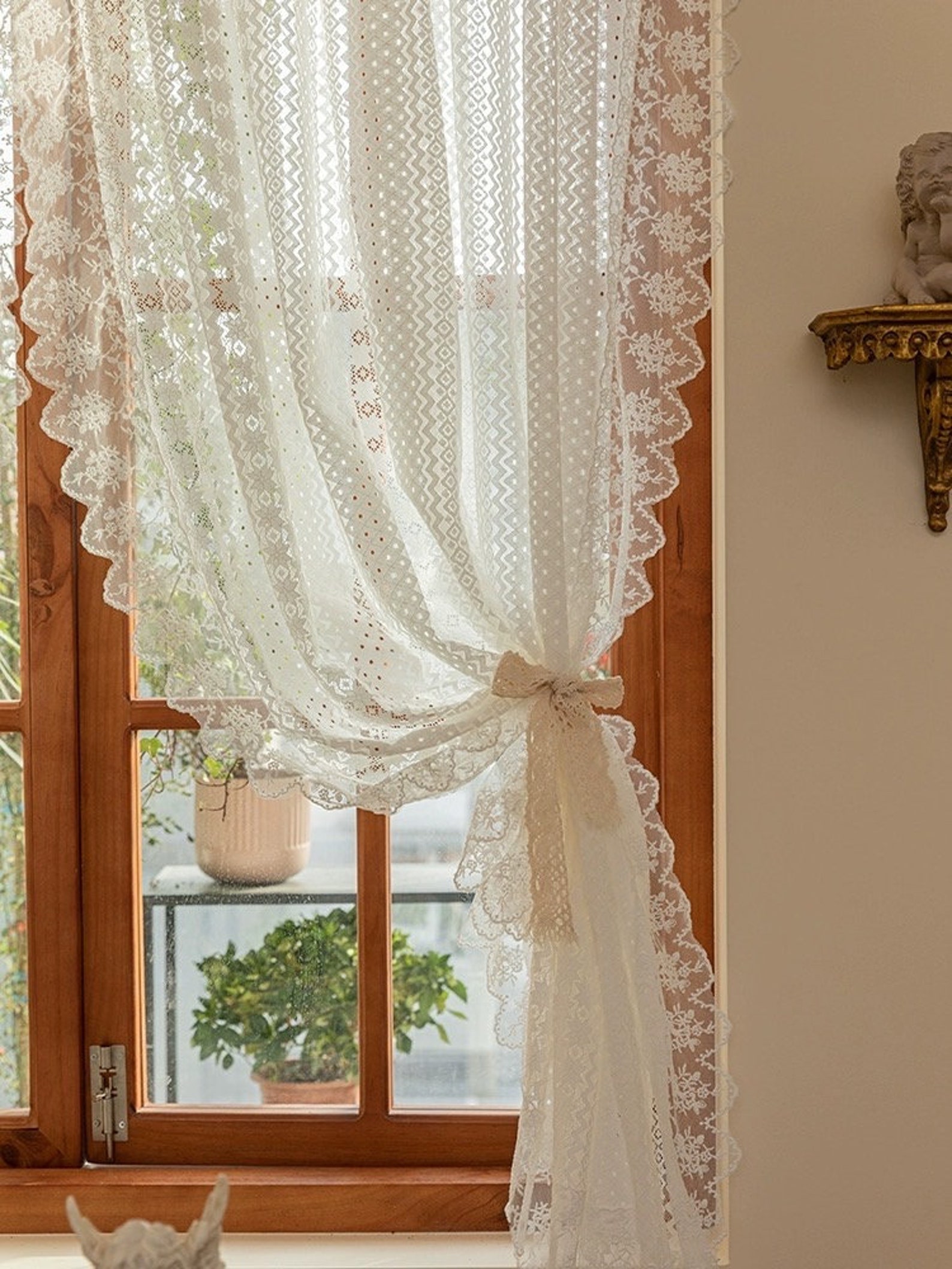 White Lace Curtain, Ruffle French Style Lace Window Decor Curtain One ...
