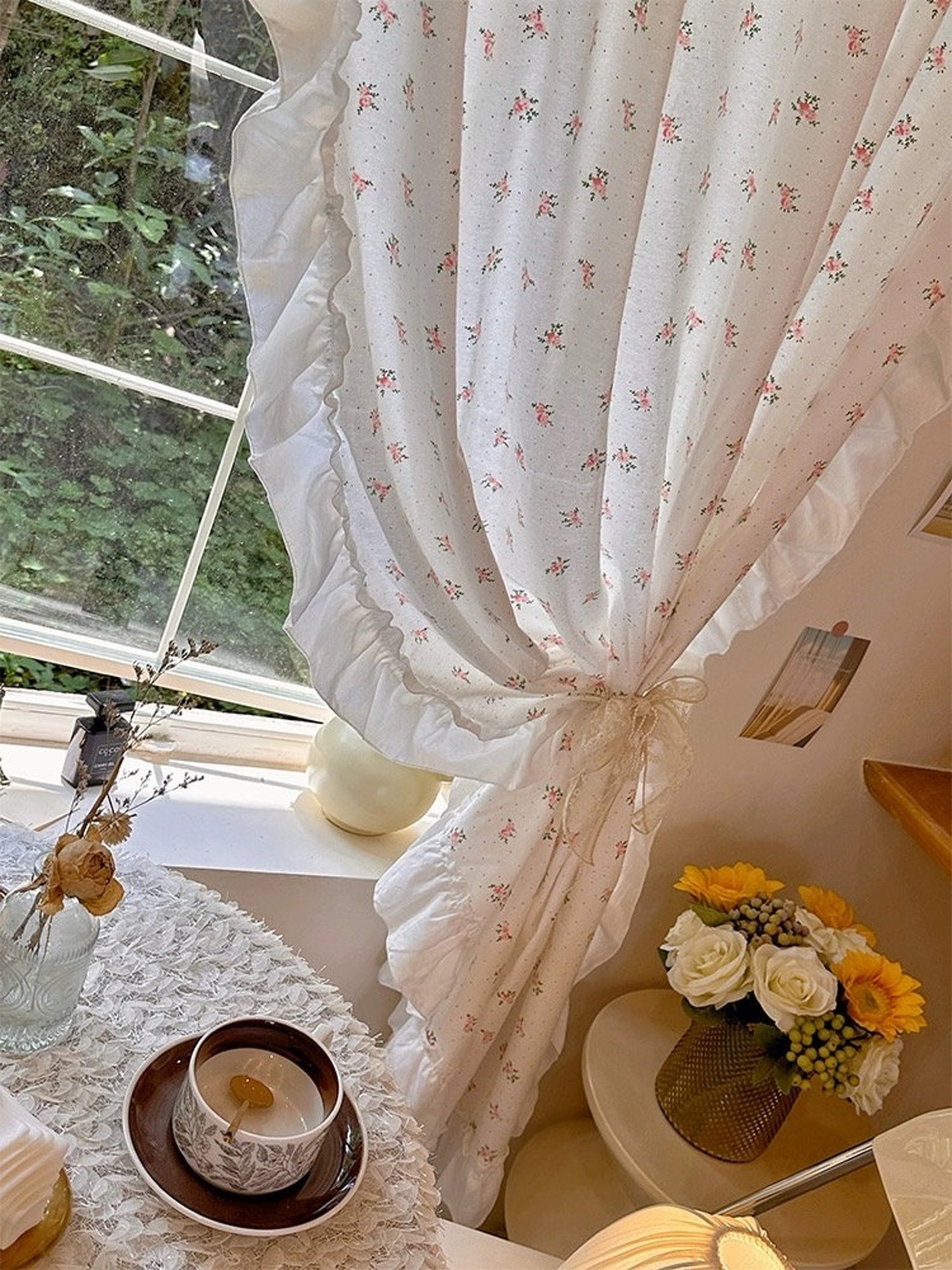 Pink and White Floral Printed Cotton Curtain, Ruffle Princess Coquette ...