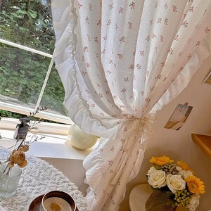 Pink and White Floral Printed Cotton Curtain, Ruffle Princess Coquette ...