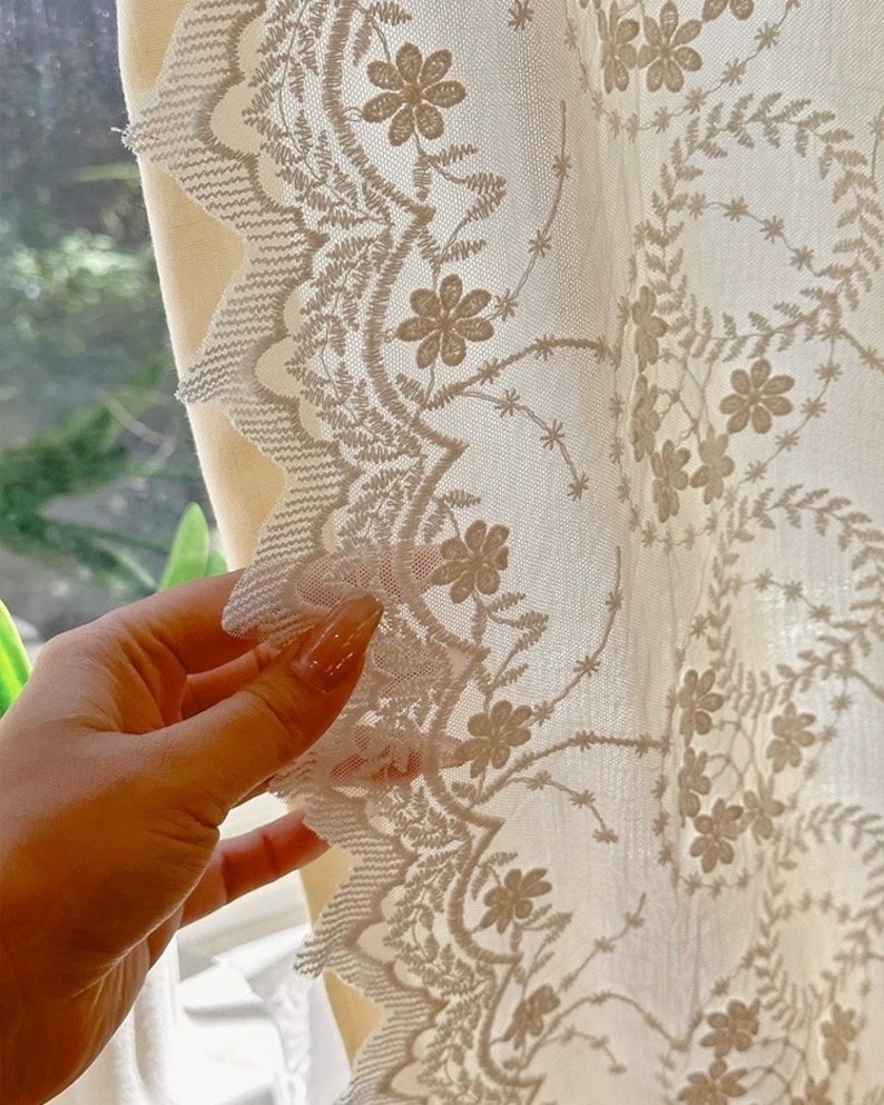 Double-layered Lace Cotton Curtain, Ruffle One Panel Curtain for Living ...