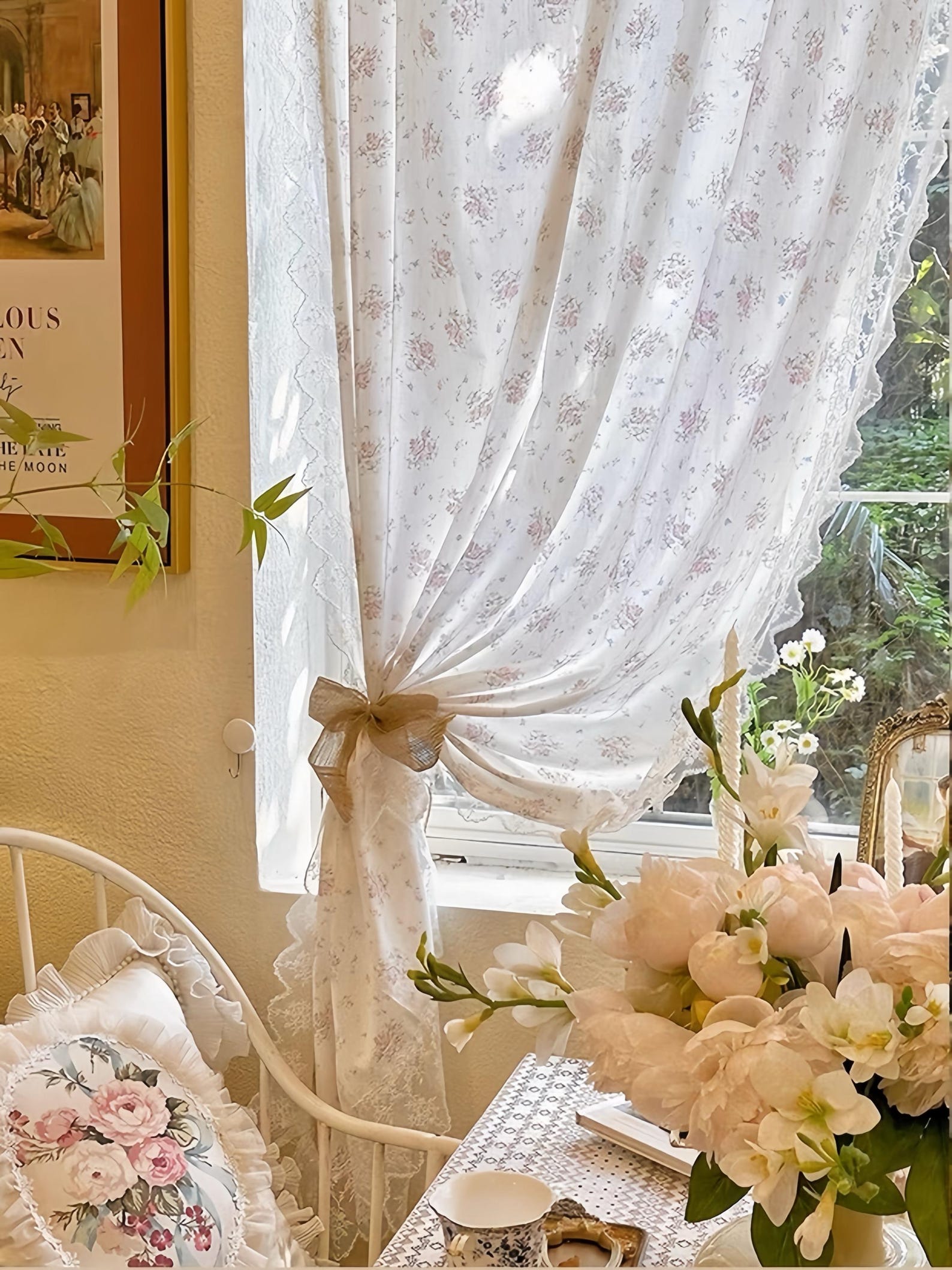 Floral Printed Ivory Coquette Ruffle Lace Rod Pocket Curtain, Ivory ...