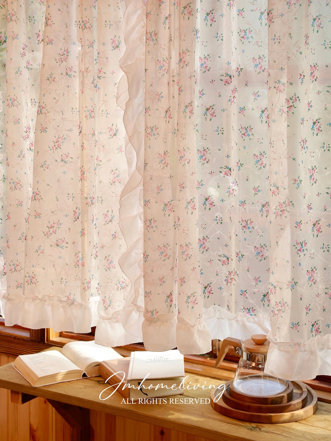 Floral Sheer Curtain, Ruffle Window Coquette Decor Curtain, Floral Cafe ...