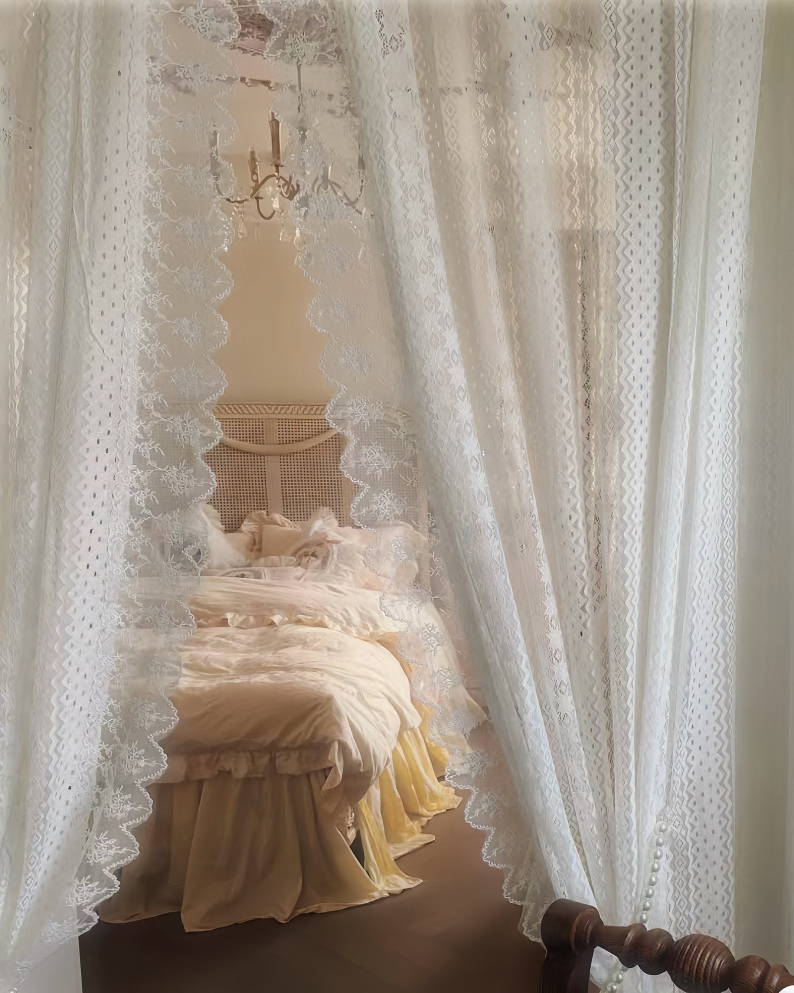 White Lace Curtain, Ruffle French Style Lace Window Decor Curtain One ...
