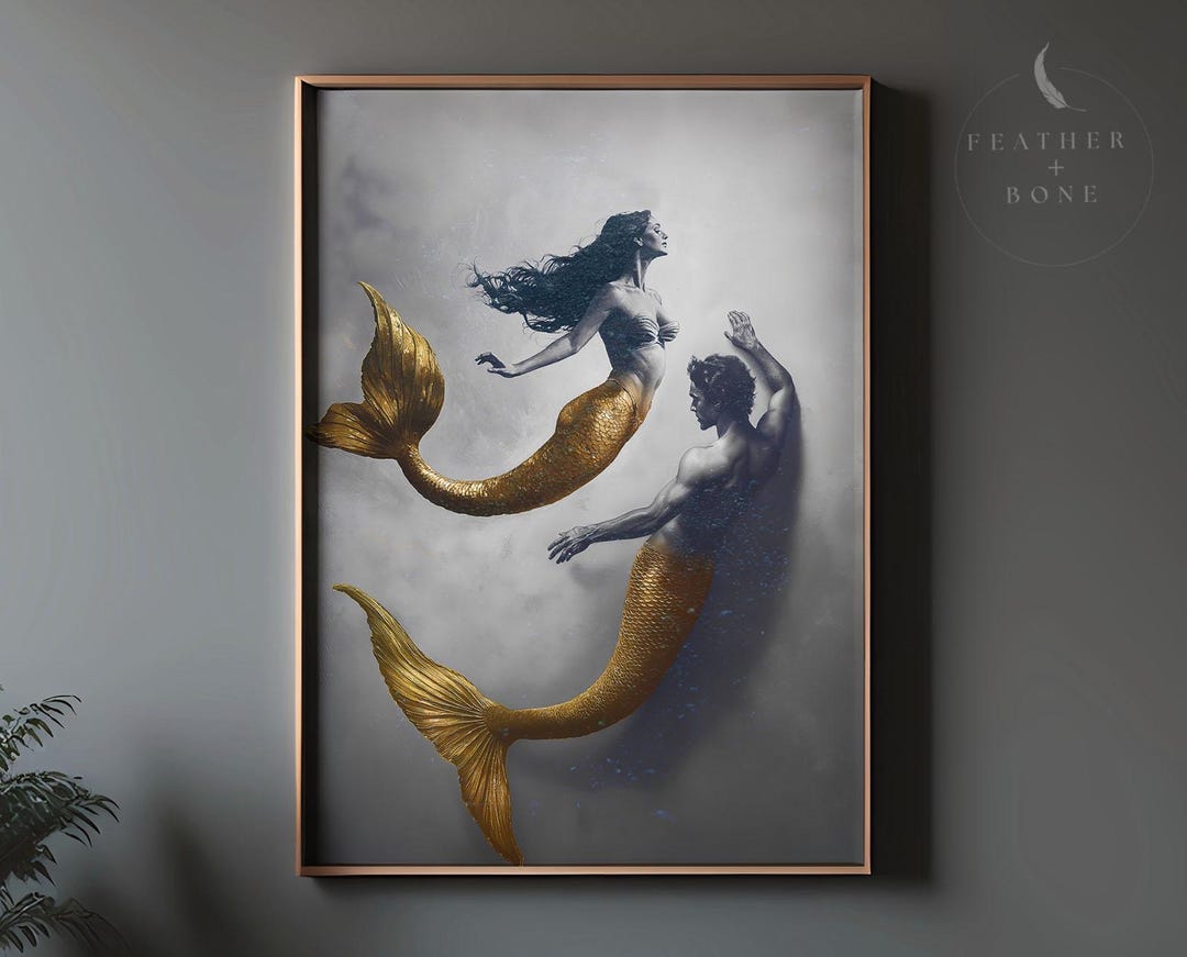 Mermaid and Merman Swimming Together Wall Art, Mermaidcore Decor, Siren ...