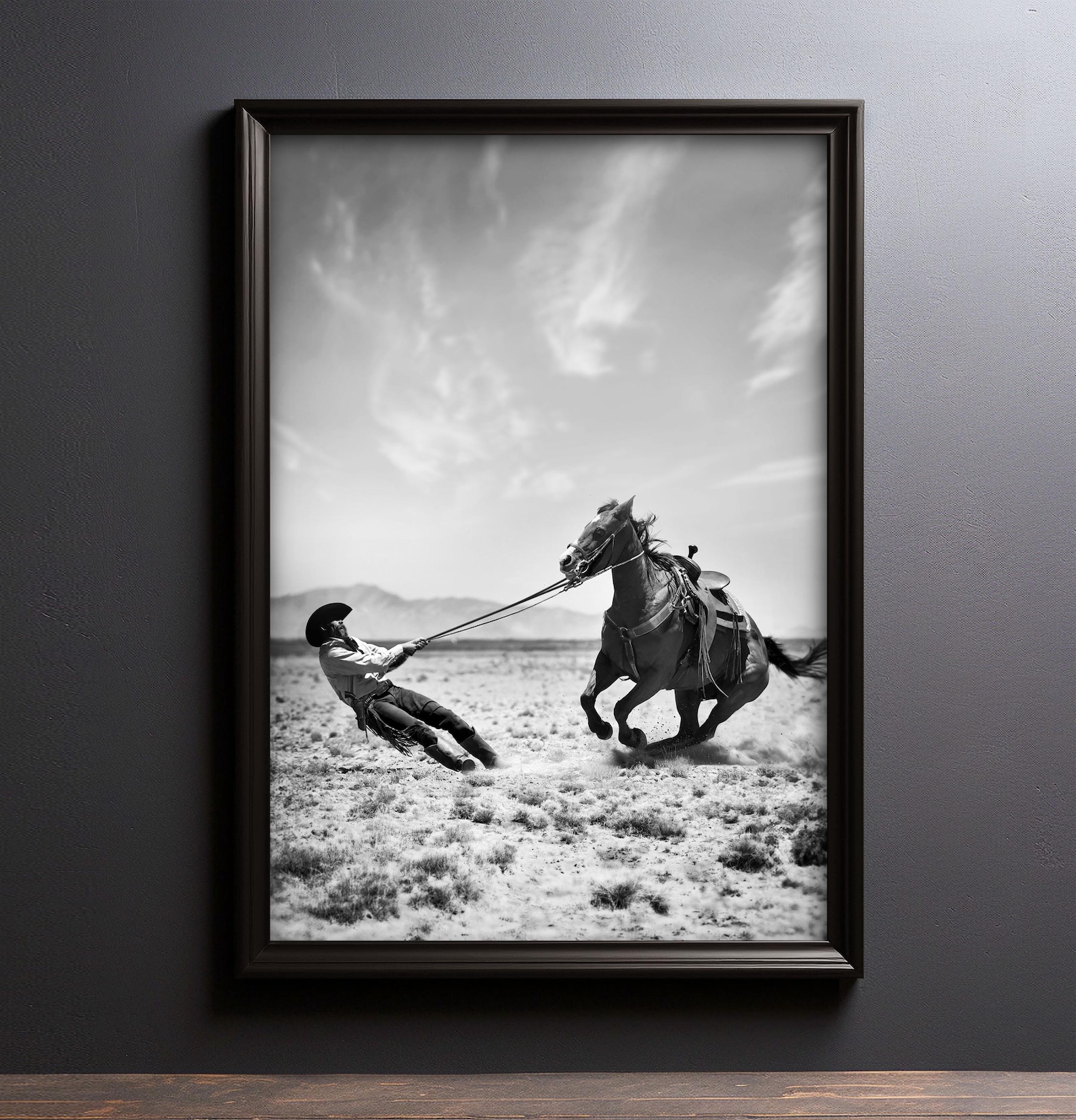 Cowboy and Horse Art Print: Taming Stallion in Desert - Etsy