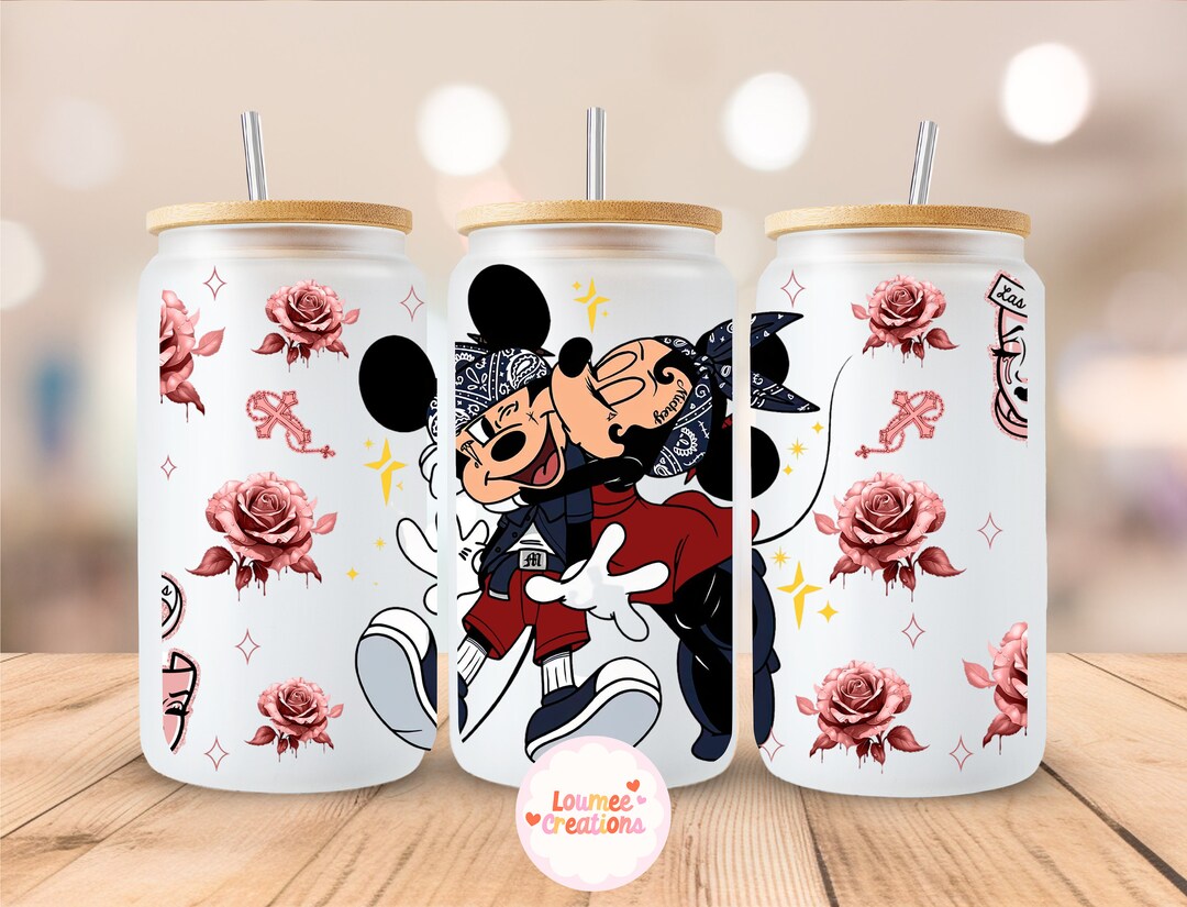 Floral Mickey and Minnie Glass Can 16oz Sublimination Design Coffee ...