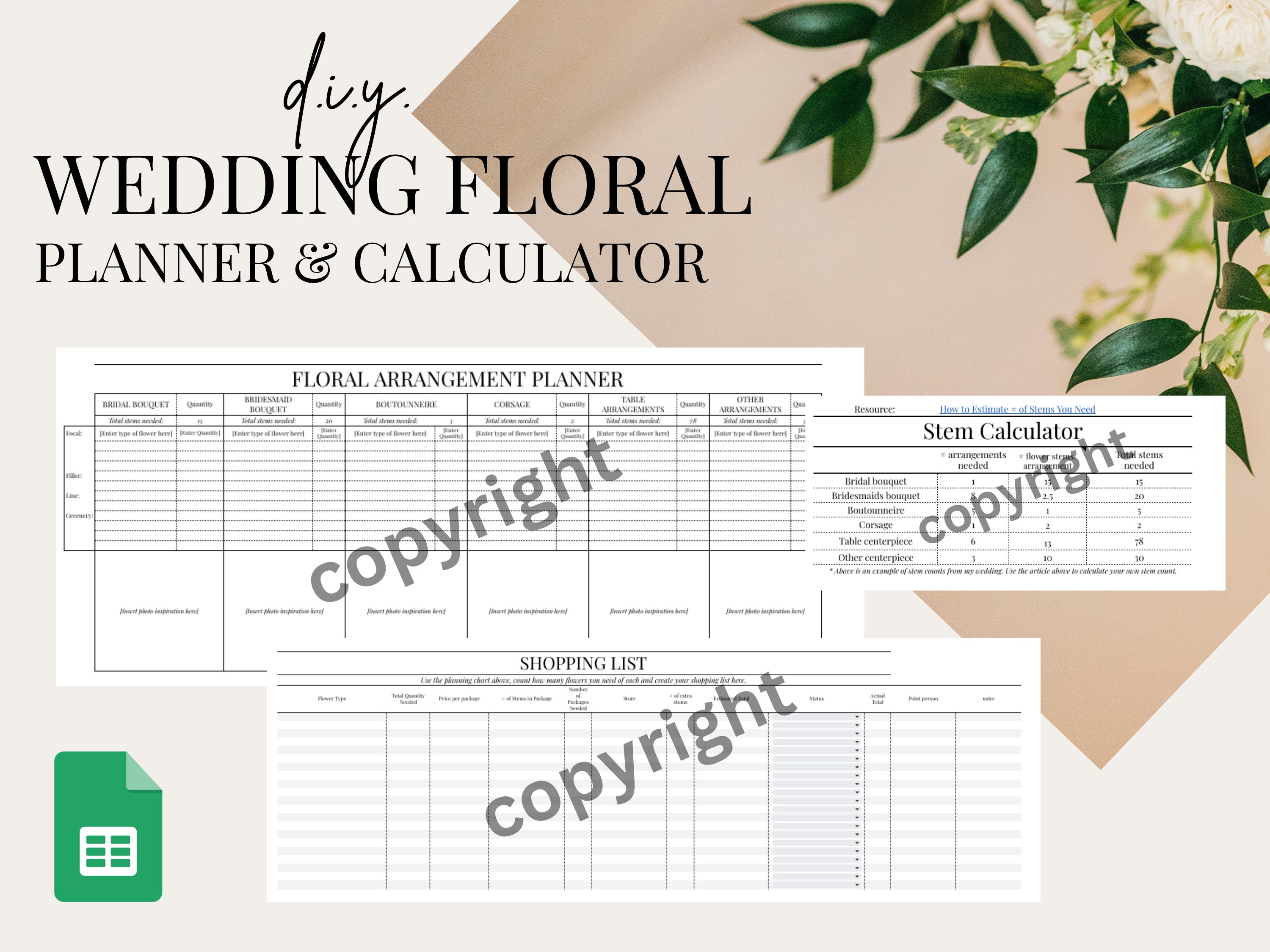 DIY Wedding Floral Planner & Calculator GOOGLE SHEET Spreadsheet ...
