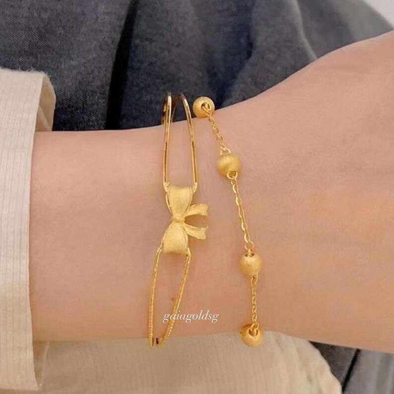Ribbon Bow Coquette Style 999.9 Gold 24k Gold Bracelet Bangle - Etsy