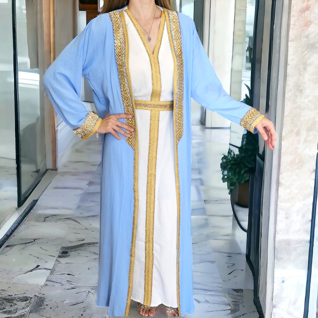 Blue and White Moroccan Kaftan and Dress Set With Embroidery Hand ...