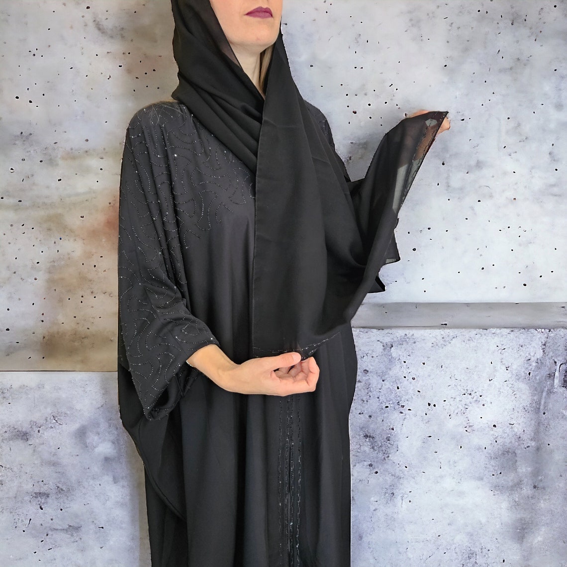Black Abaya and Matching Scarf Set With Rhinestones Luxury Arabic ...