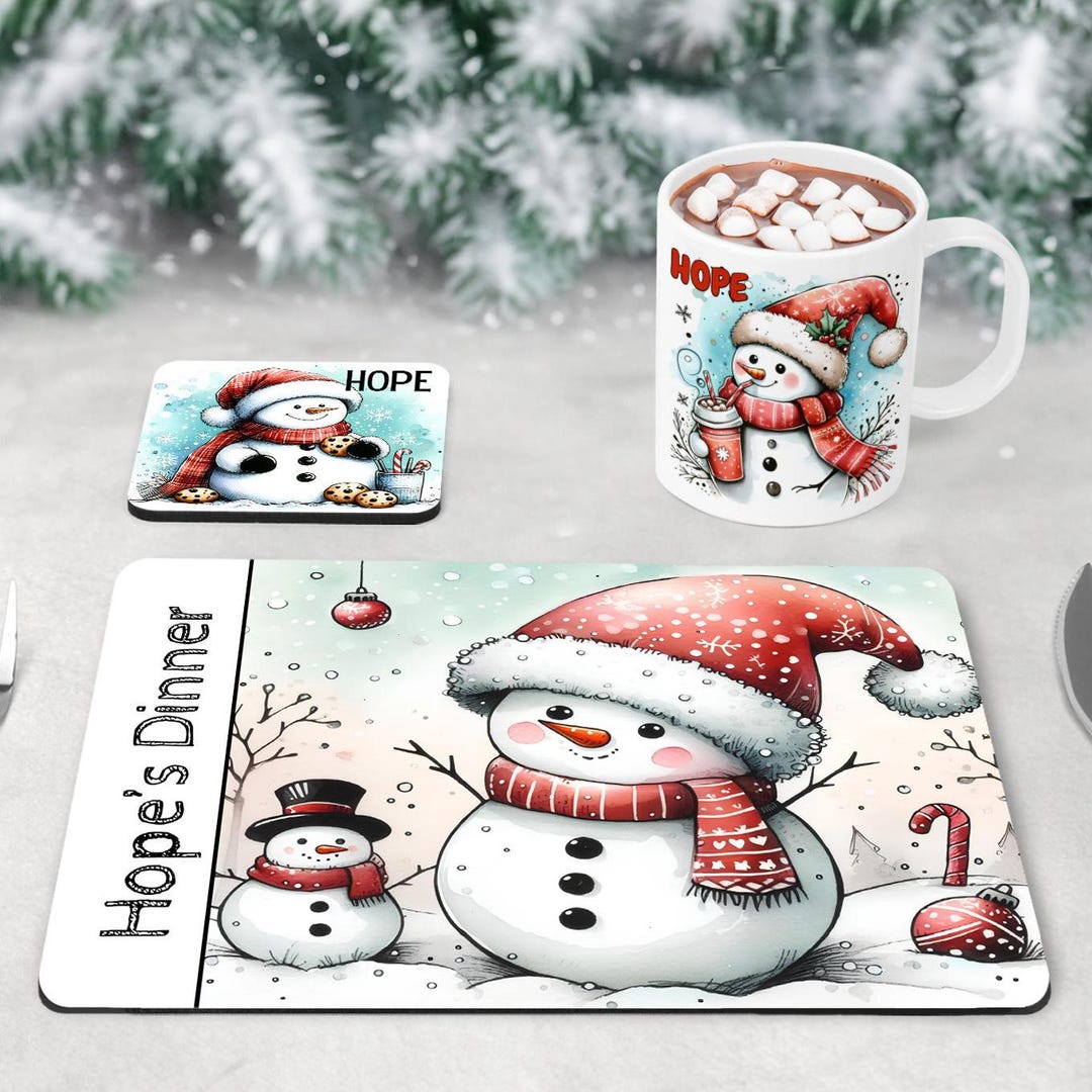 Personalised Kids Christmas Dinner Set Cute Snowman Placemat, Coaster ...