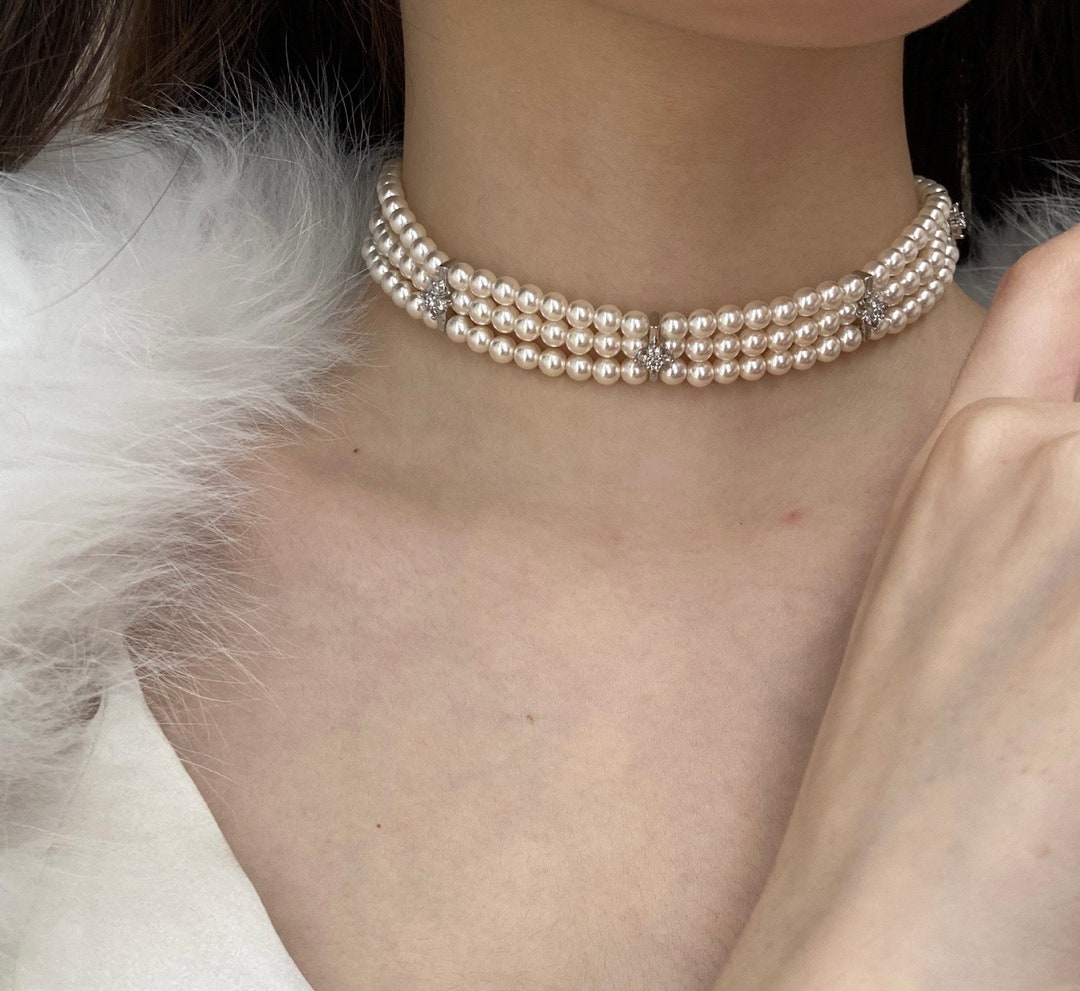Vintage Pearl Choker Necklace Gold Plated Three Strands Swarovski Pearl ...