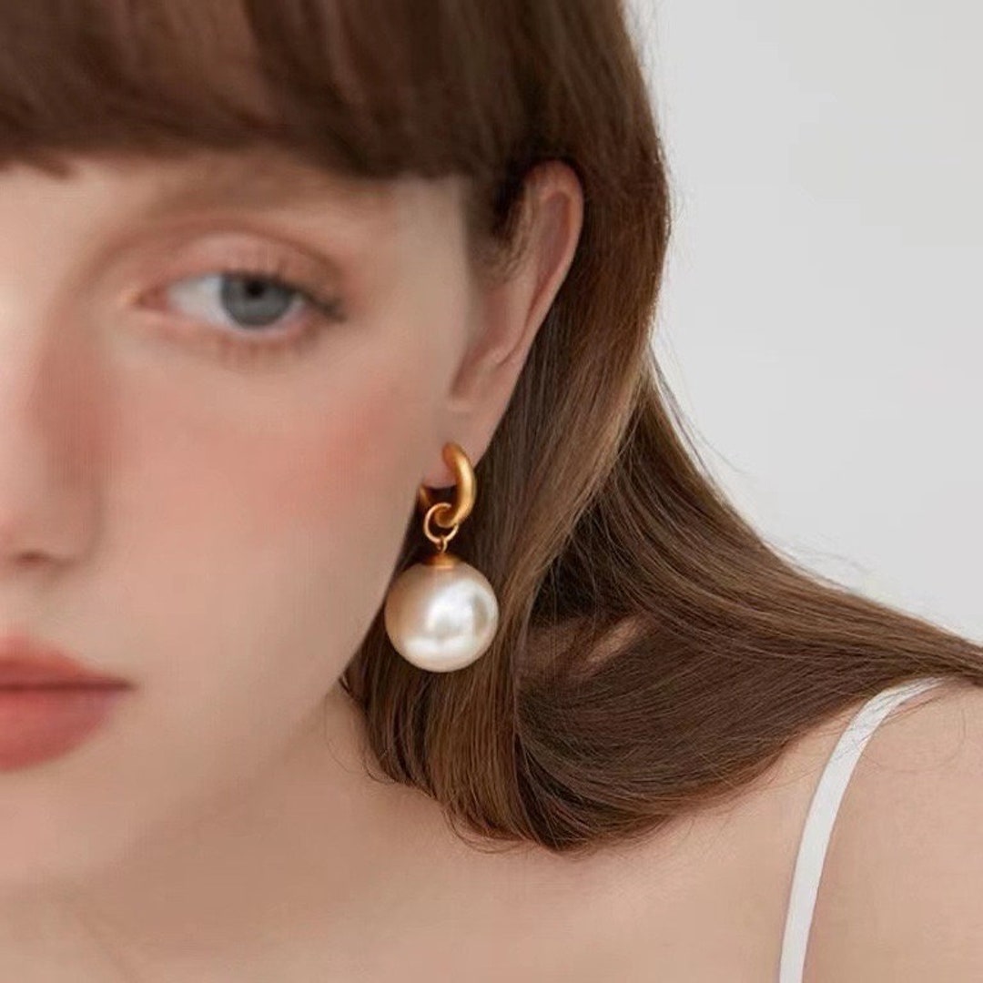 Oversized Round Flawless Pearl Hoop Earrings Gold Plated Large ...