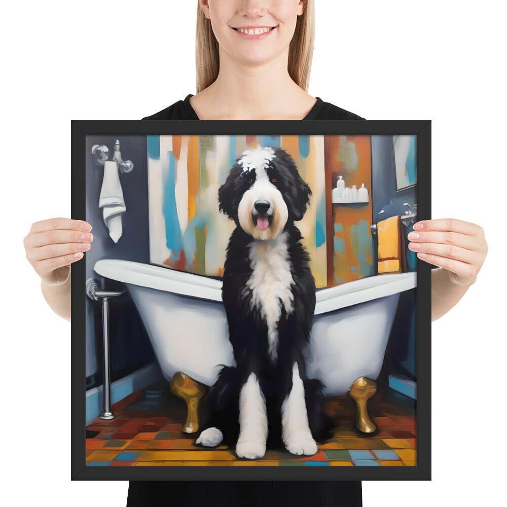 Sheepadoodle in Bathroom Bathtub Art Bathroom Wall Art Framed Photo ...