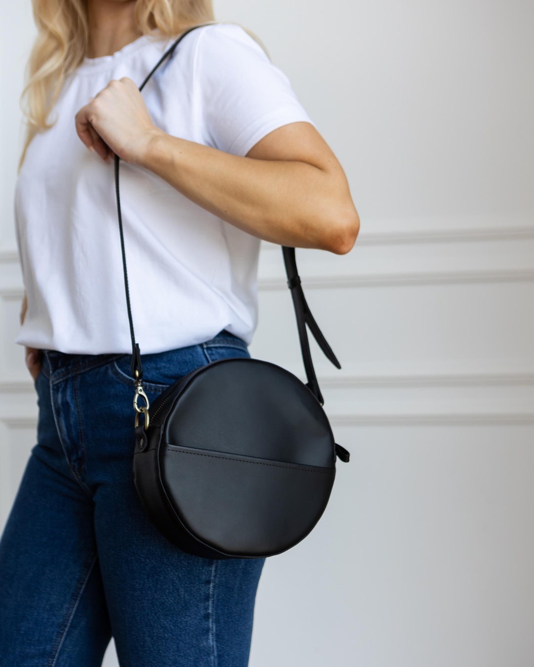 Black Round Leather Bag, Small Circle Bag, Unique Leather Shoulder Bag ...